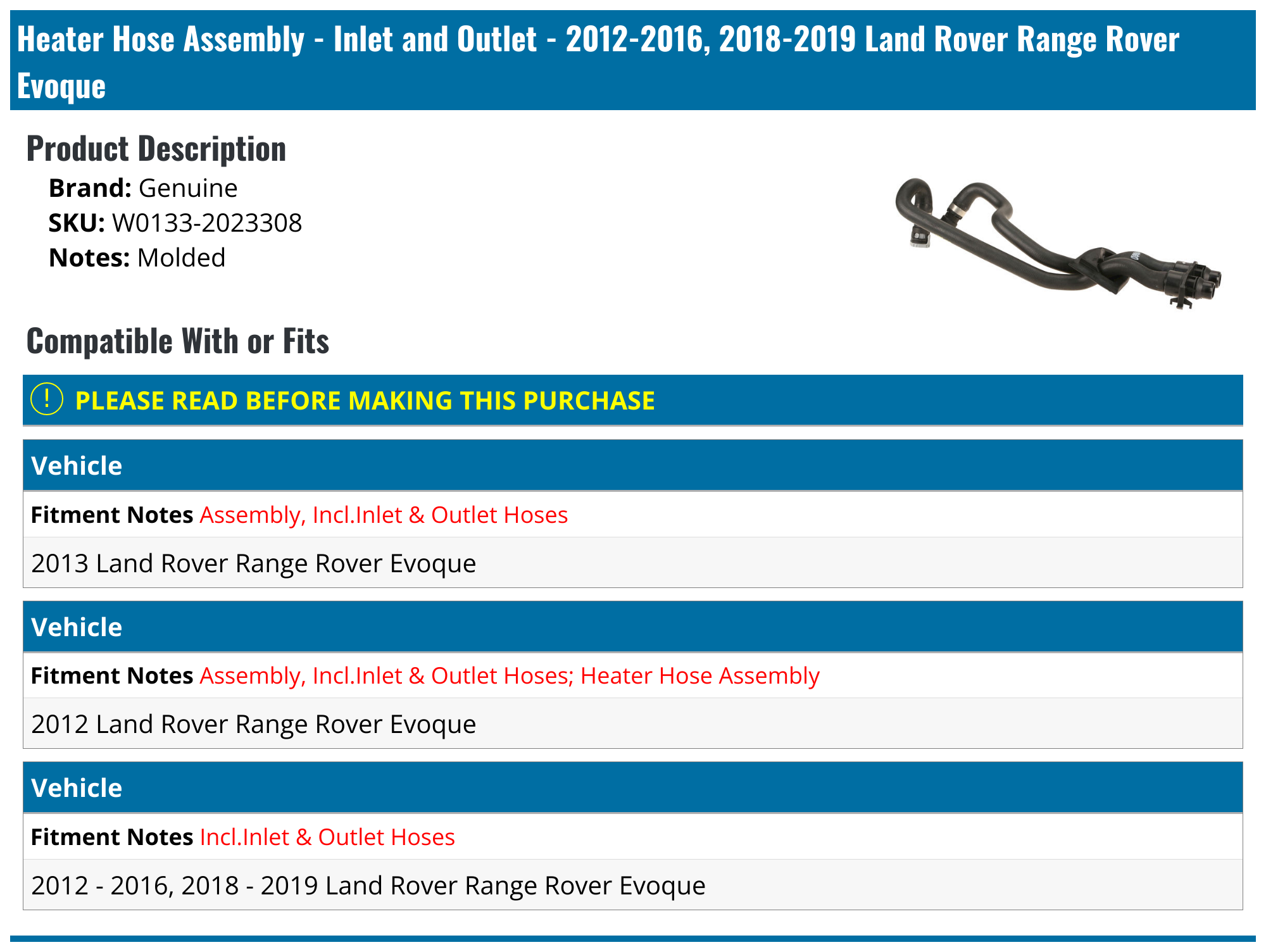 2012-2018 Land Rover Range Rover Evoque Heater Hose - Genuine W0133 ...