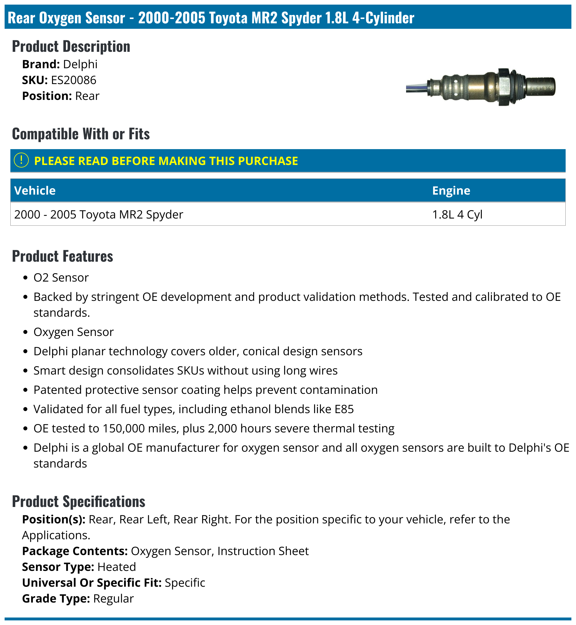 2000-2005 Toyota MR2 Spyder Oxygen Sensor - Delphi ES20086 - Rear ...