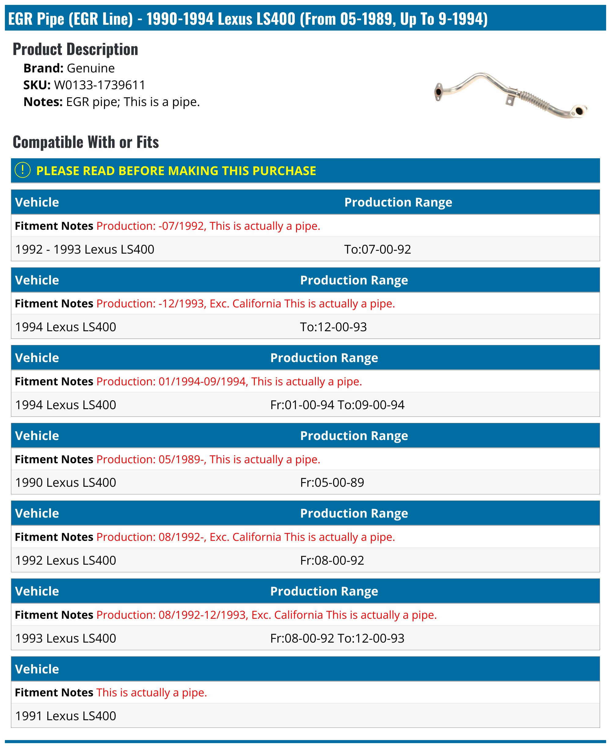 1990-1994 Lexus LS400 EGR Tube - Genuine W0133-1739611 - - PartsGeek.com