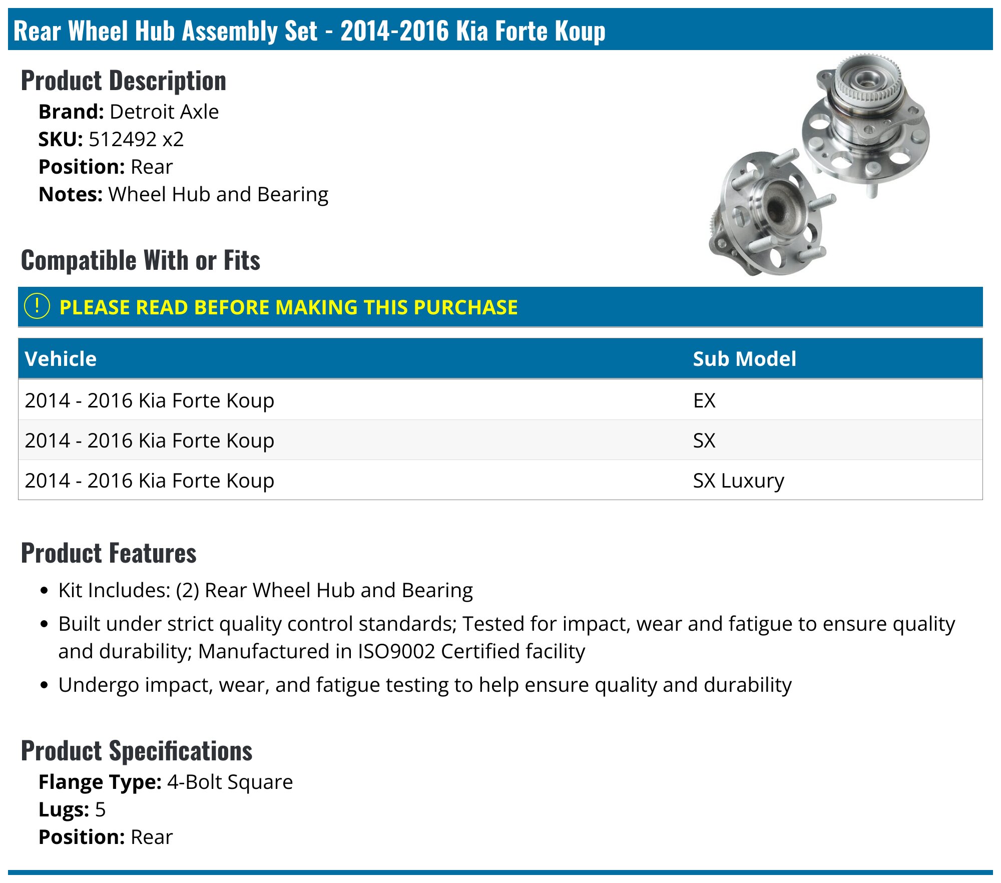 2014-2016 Kia Forte Koup Wheel Hub Assembly - Detroit Axle 512492 x2 ...