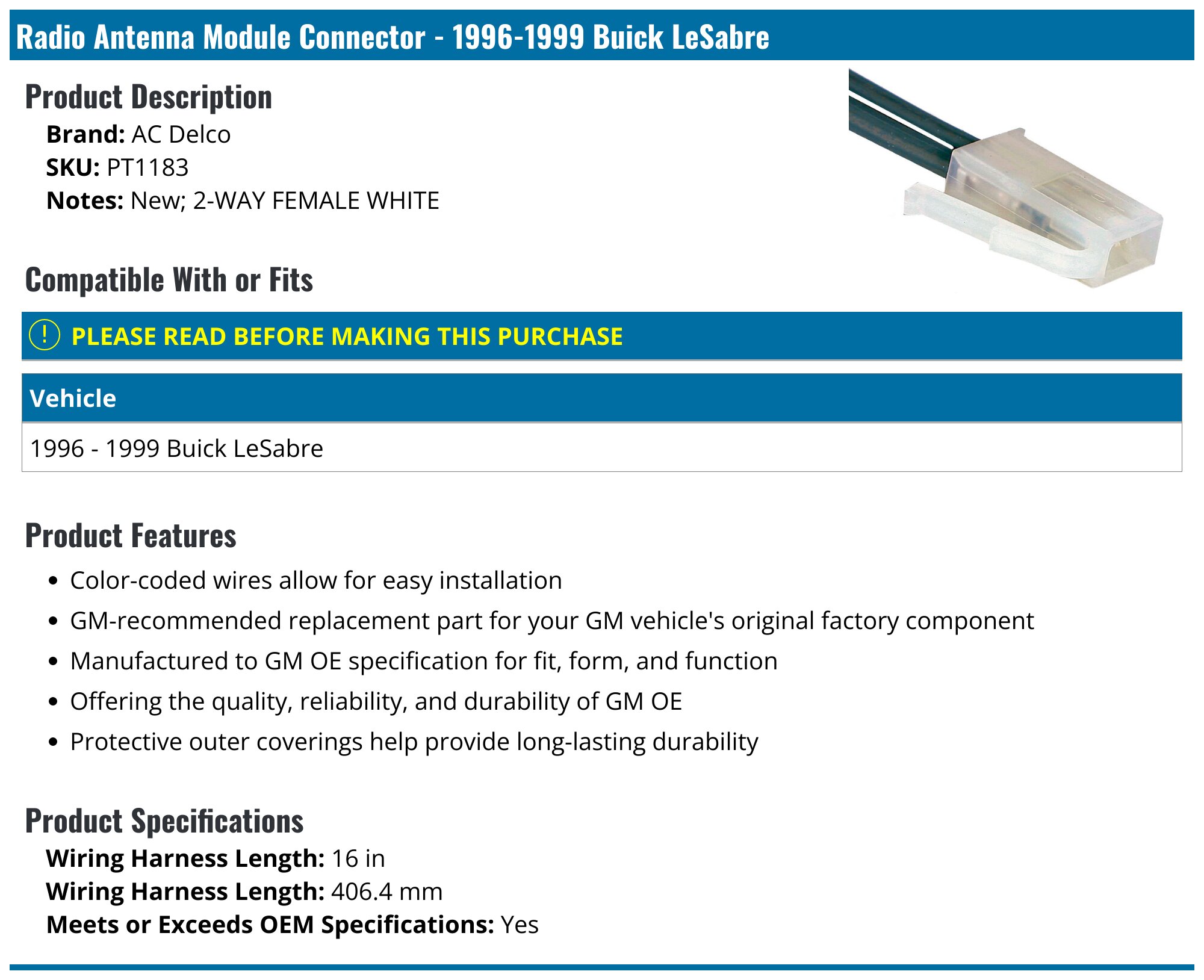 1996-1999 Buick LeSabre Radio Antenna Module Connector - AC Delco ...