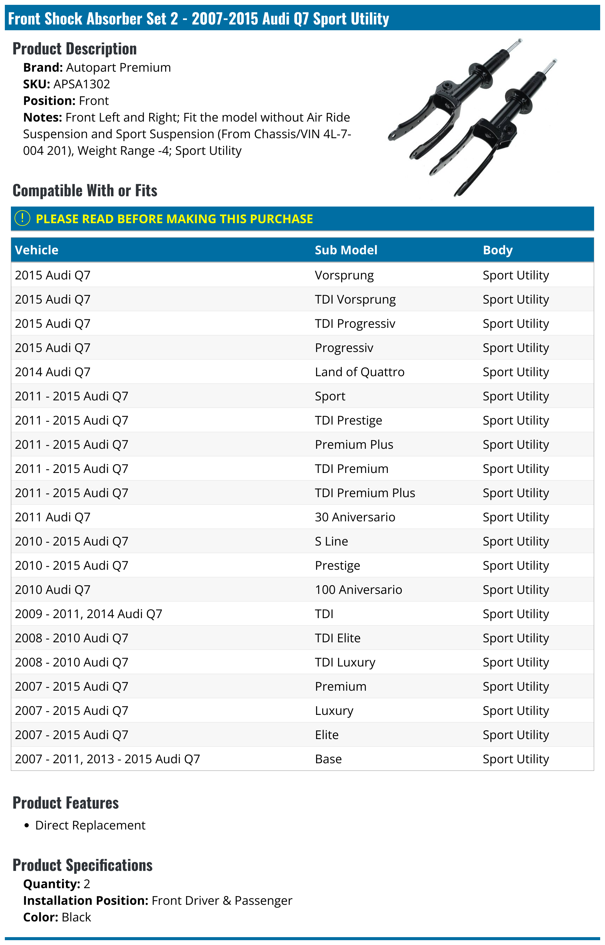 2007-2015 Audi Q7 Shock Absorber - Autopart Premium APSA1302 - Front ...