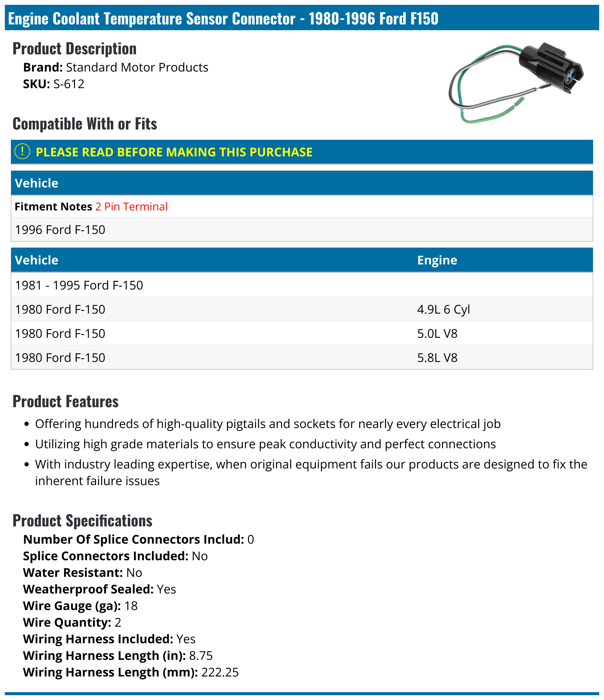 1980-1996, 2011-2012 Ford F150 Engine Coolant Temperature Sensor ...