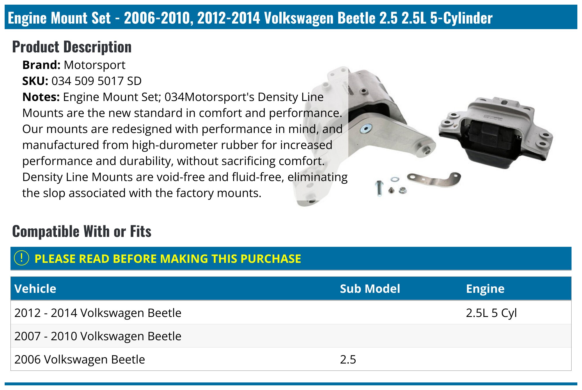 2006-2010, 2012-2014 Volkswagen Beetle Engine Mount - Motorsport 034 ...