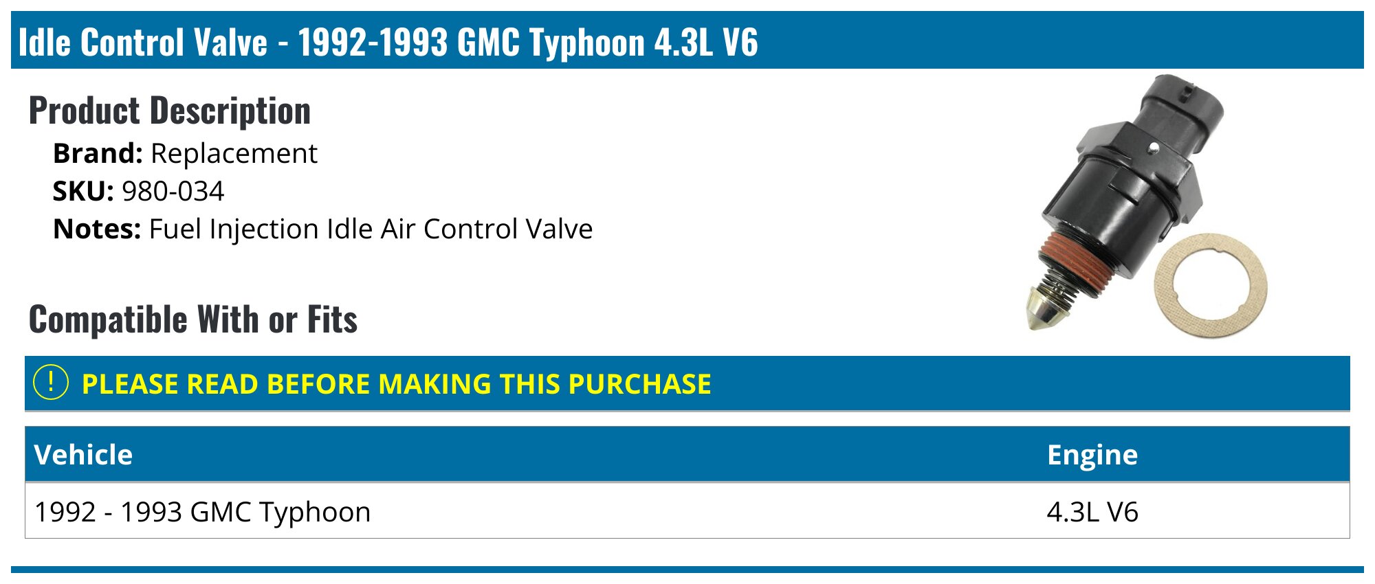 1992-1993 GMC Typhoon Idle Control Valve - Replacement 980-034 ...