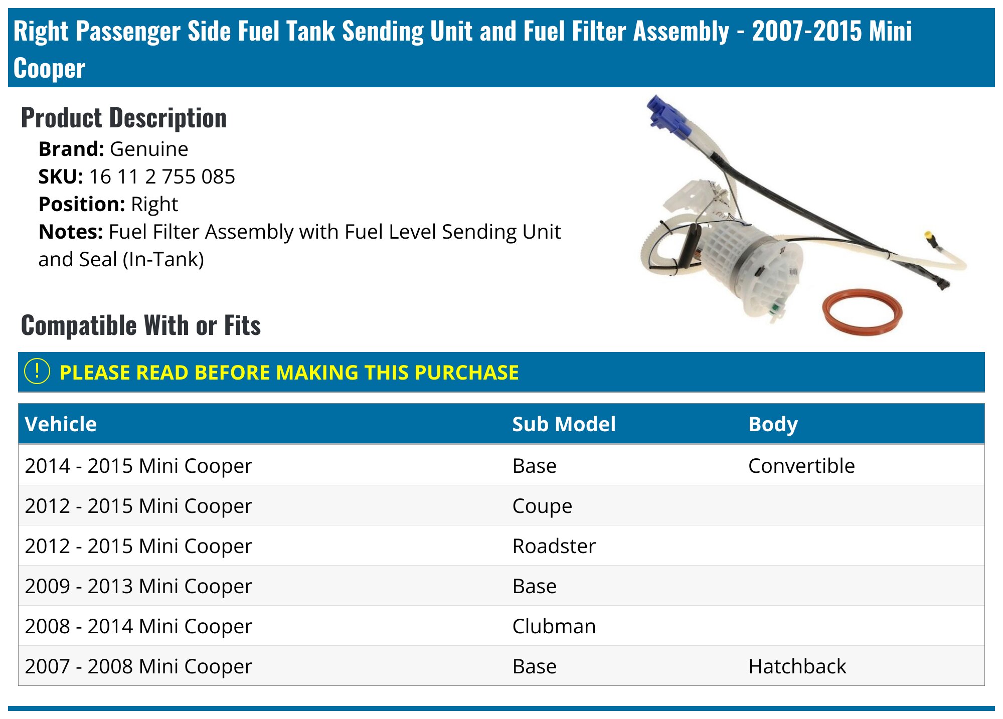 2007-2015 Mini Cooper Fuel Tank Sending Unit - Genuine 16 11 2 755 085 ...