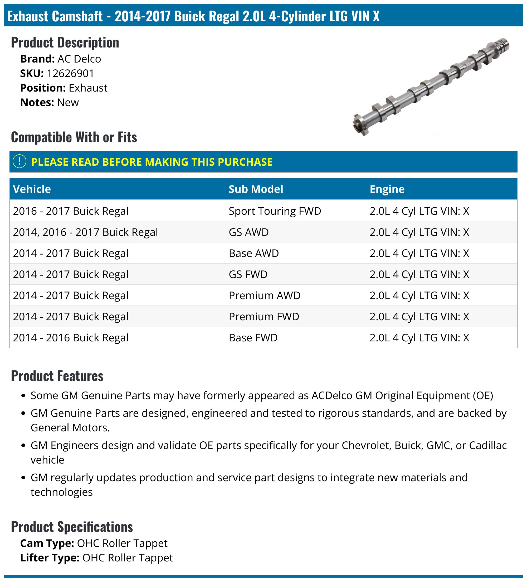 2014-2017 Buick Regal Camshaft - AC Delco 12626901 - Exhaust ...
