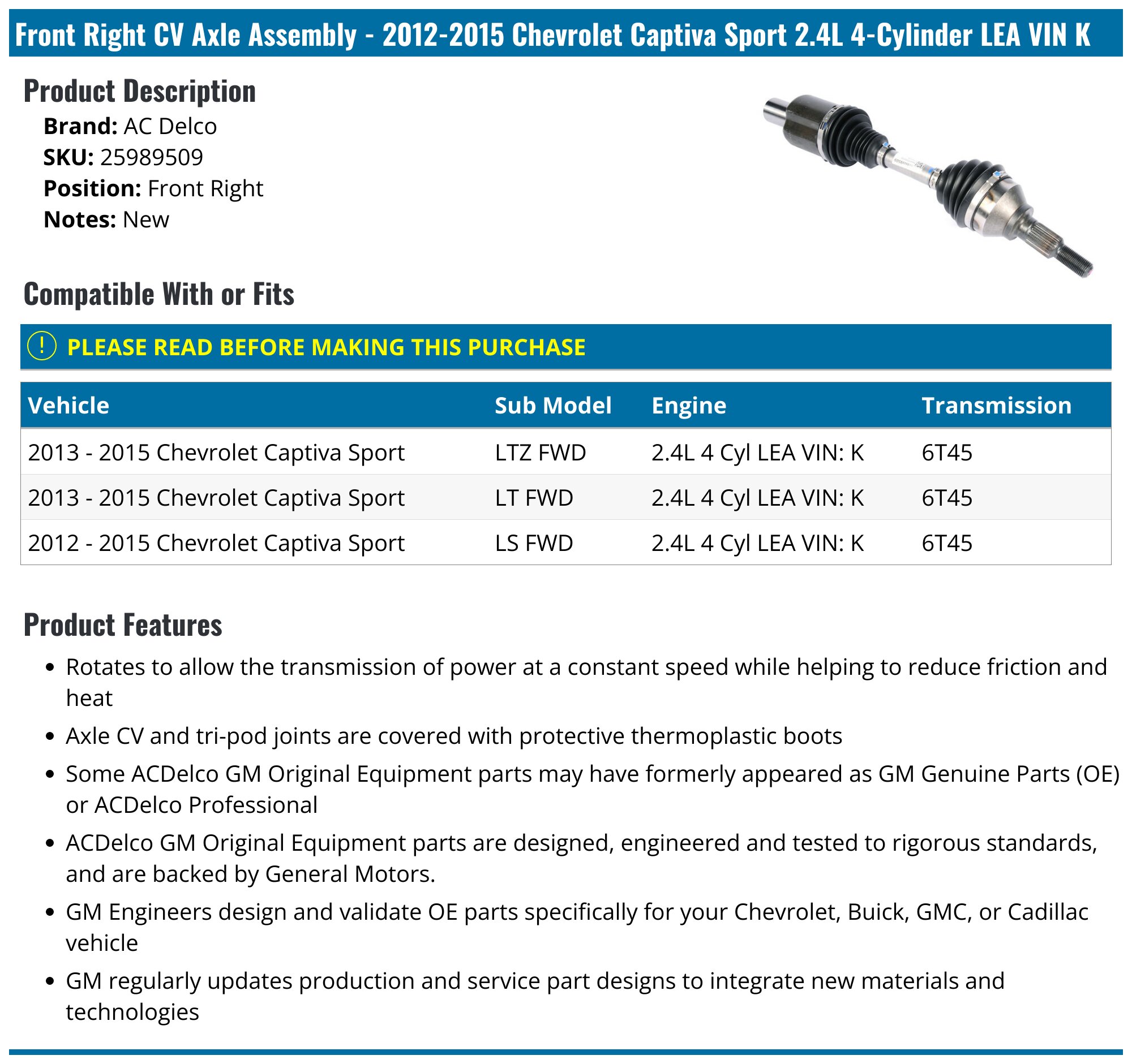 2012-2015 Chevrolet Captiva Sport Axle Assembly - AC Delco 25989509 ...