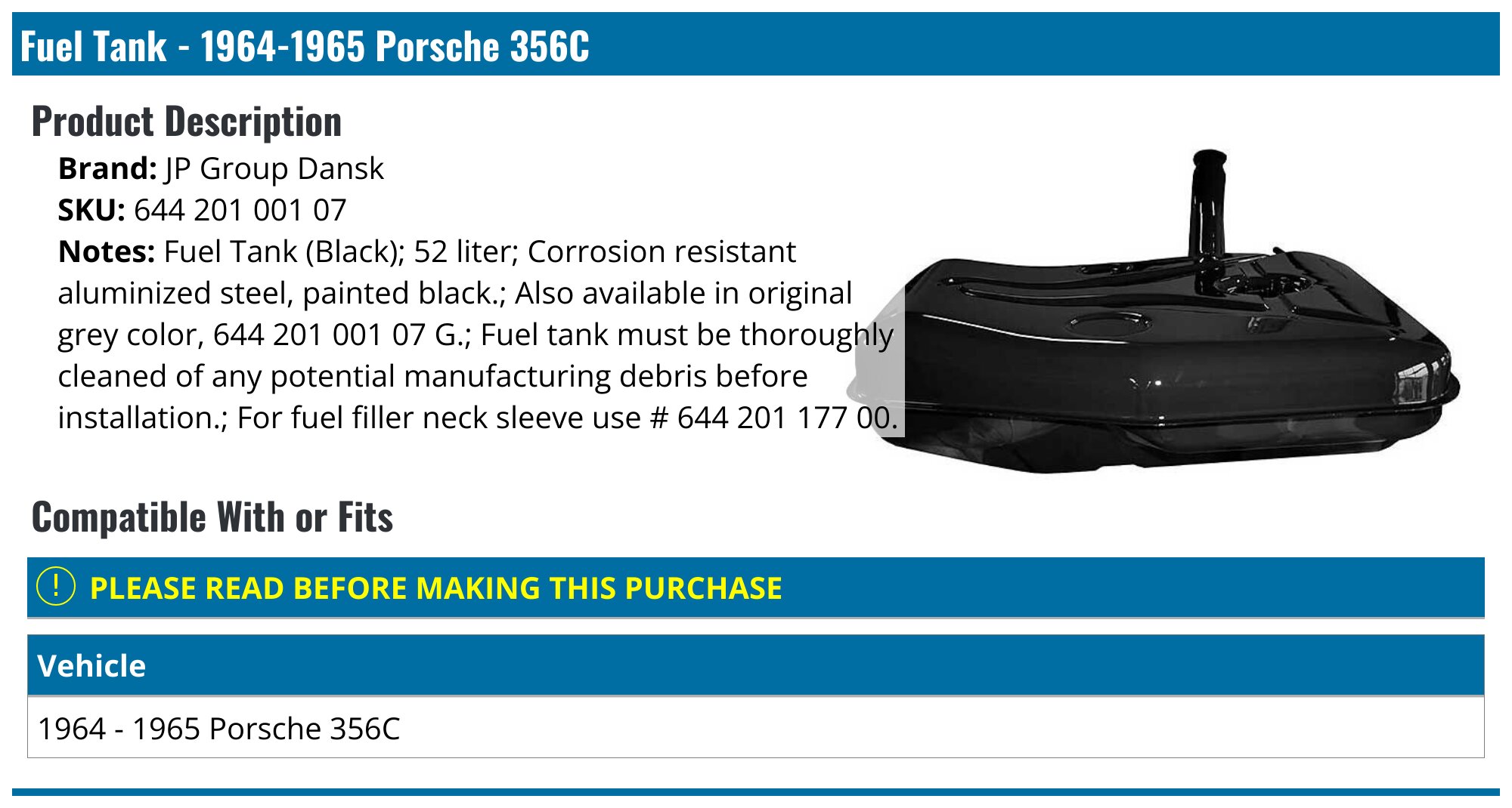 1964-1965 Porsche 356C Fuel Tank - JP Group Dansk 644 201 001 07 ...