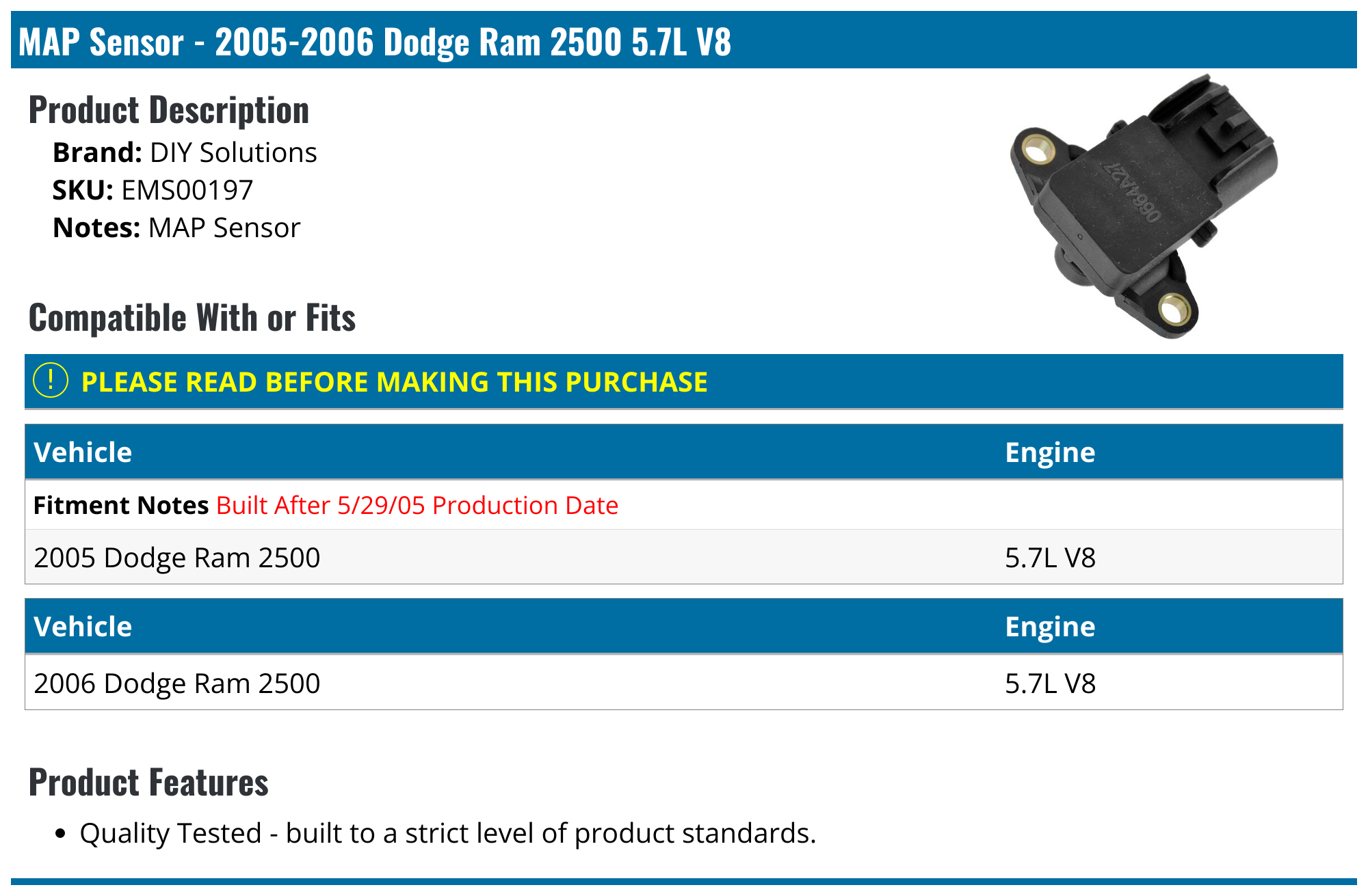 2005-2006 Dodge Ram 2500 MAP Sensor - DIY Solutions EMS00197 ...