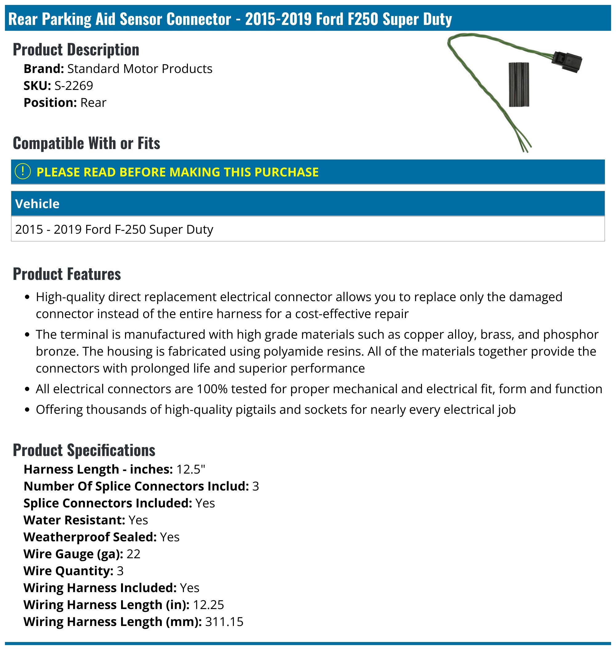 2015-2019 Ford F250 Super Duty Parking Aid Sensor Connector - Standard ...
