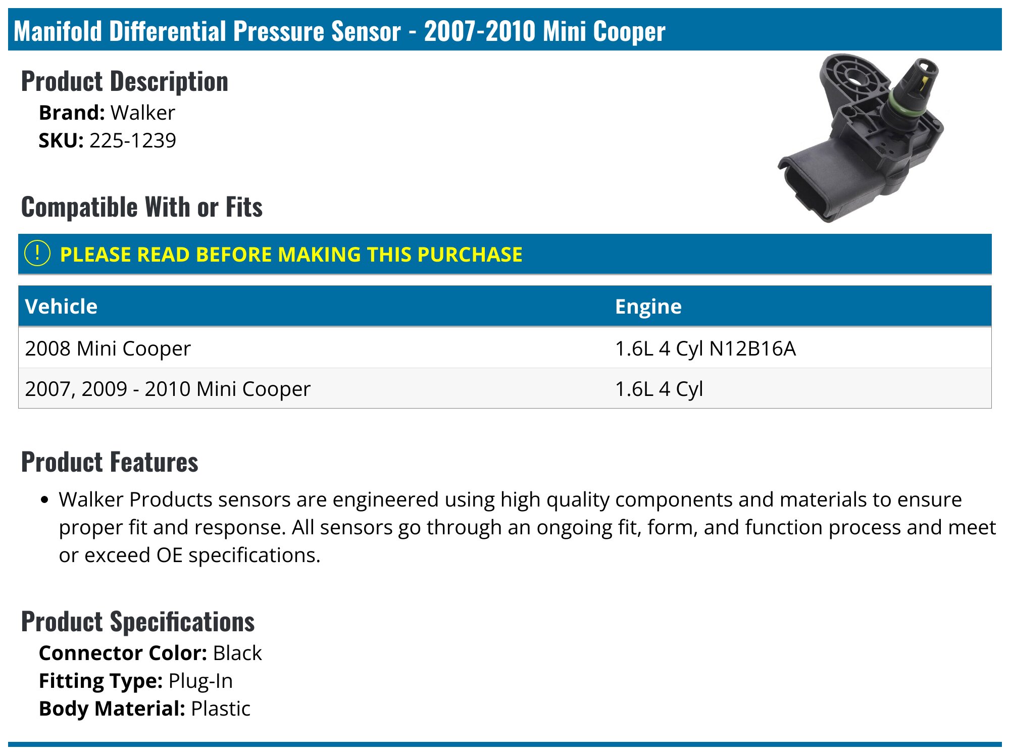 2007-2010 Mini Cooper Manifold Differential Pressure Sensor - Walker ...