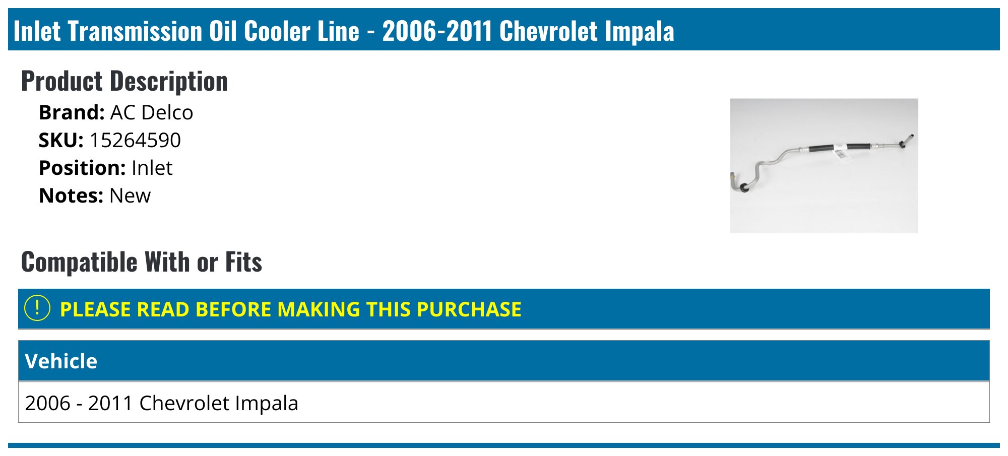 2006-2011 Chevrolet Impala Transmission Oil Cooler Line - AC Delco ...