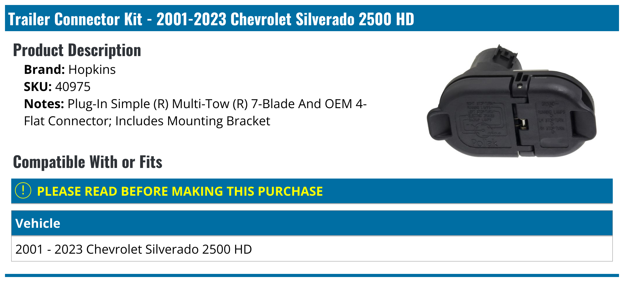2001-2024 Chevrolet Silverado 2500 HD Trailer Connector Kit - Hopkins ...