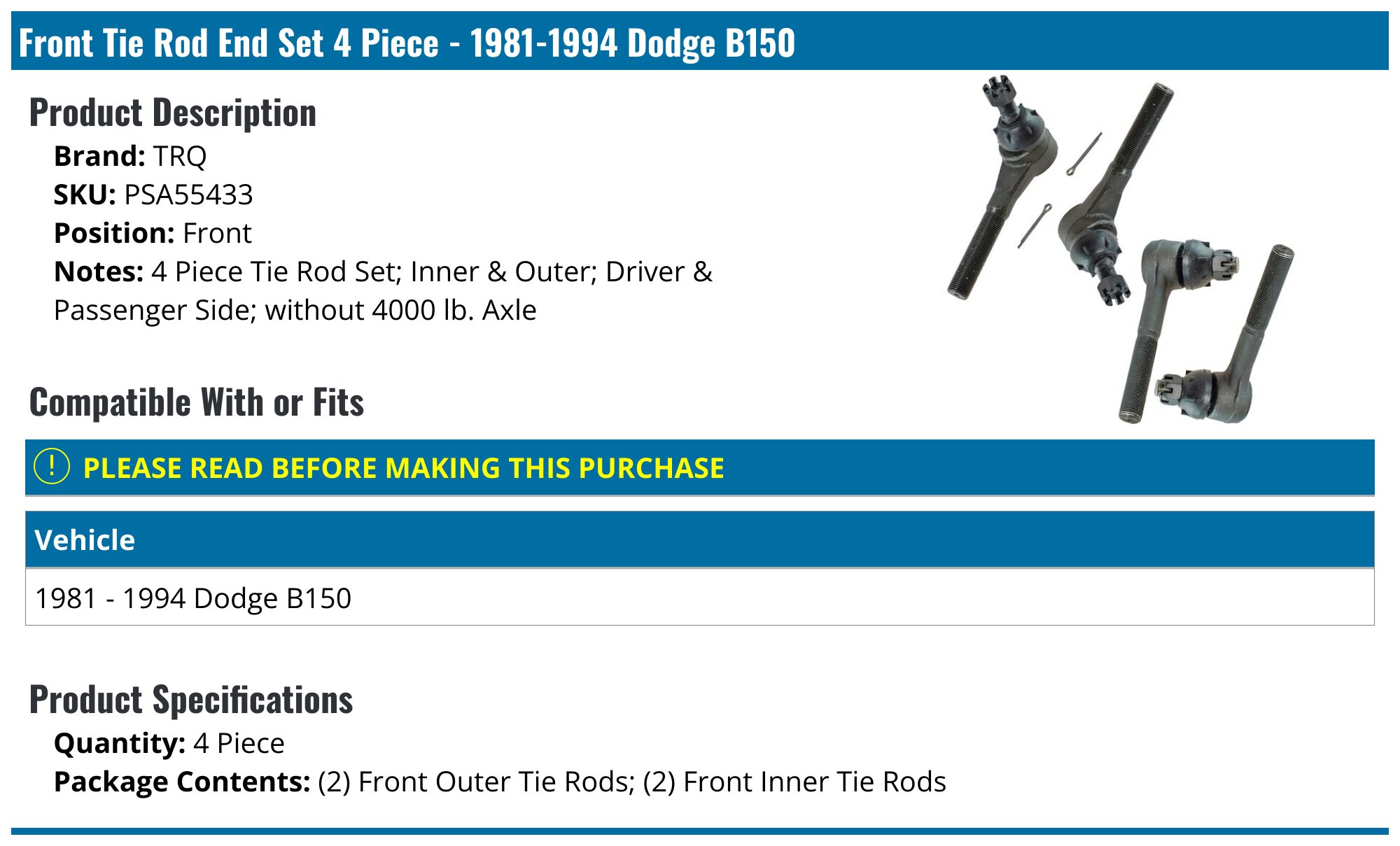 1981-1994 Dodge B150 Tie Rod End - TRQ PSA55433 - Front - PartsGeek.com