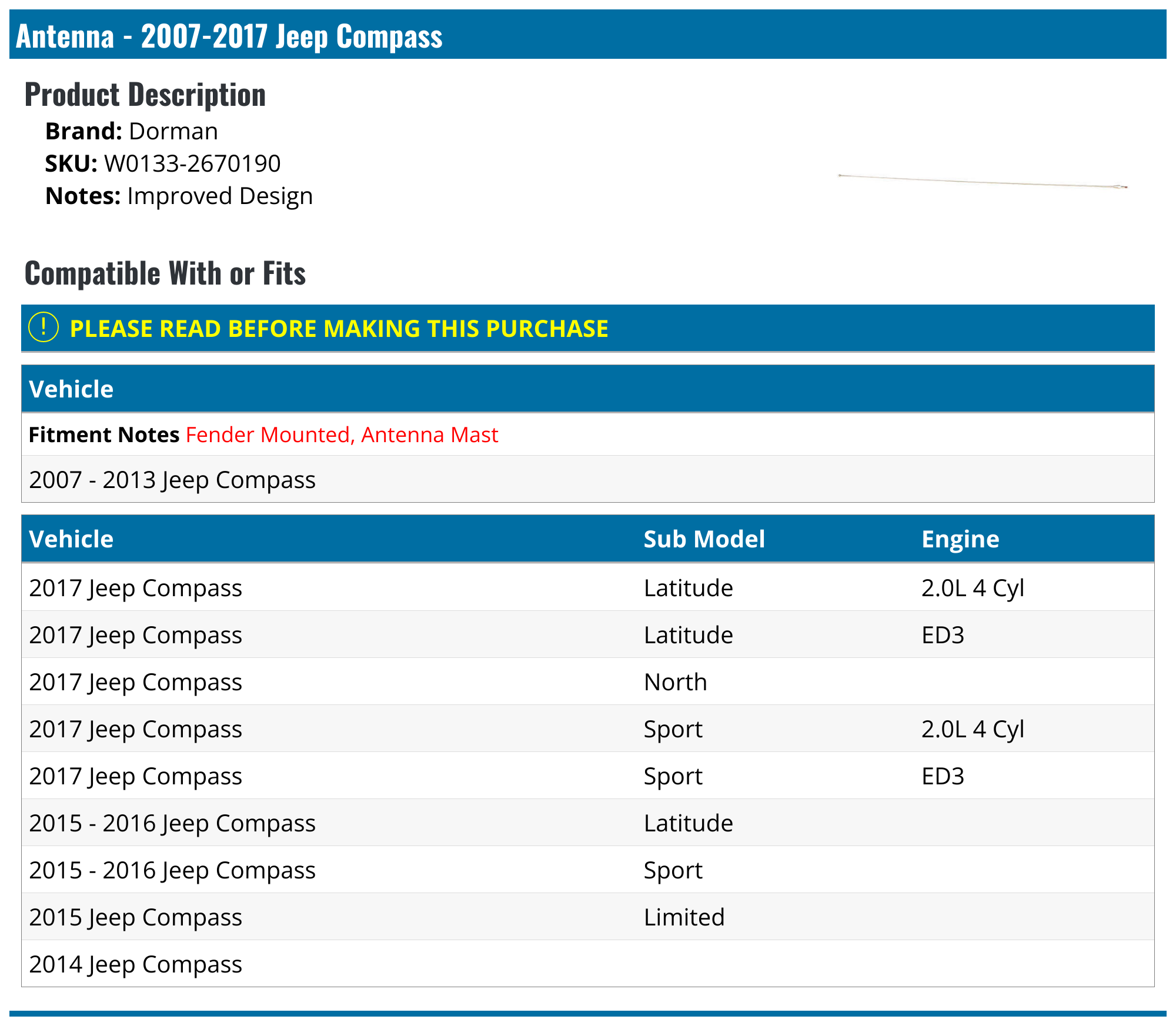 2007-2017 Jeep Compass Antenna - Dorman W0133-2670190 - PartsGeek.com