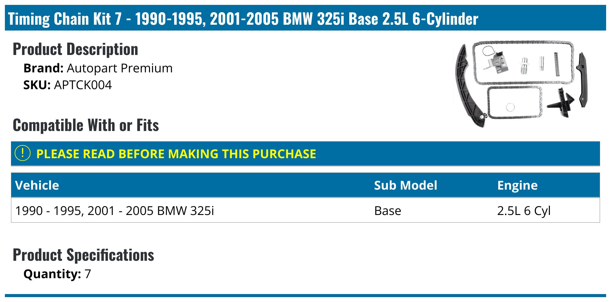 1990-1995, 2001-2005 BMW 325i Timing Chain - Autopart Premium APTCK004 ...