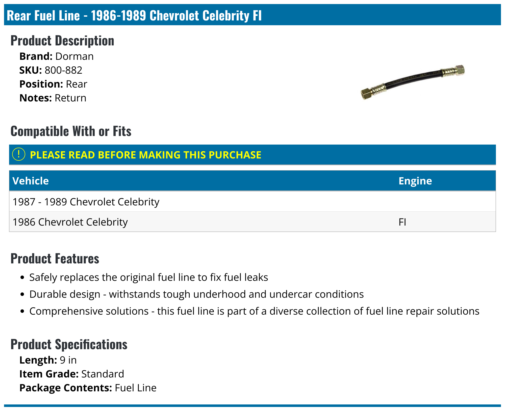 1986-1989 Chevrolet Celebrity Fuel Line - Dorman 800-882 - Rear ...