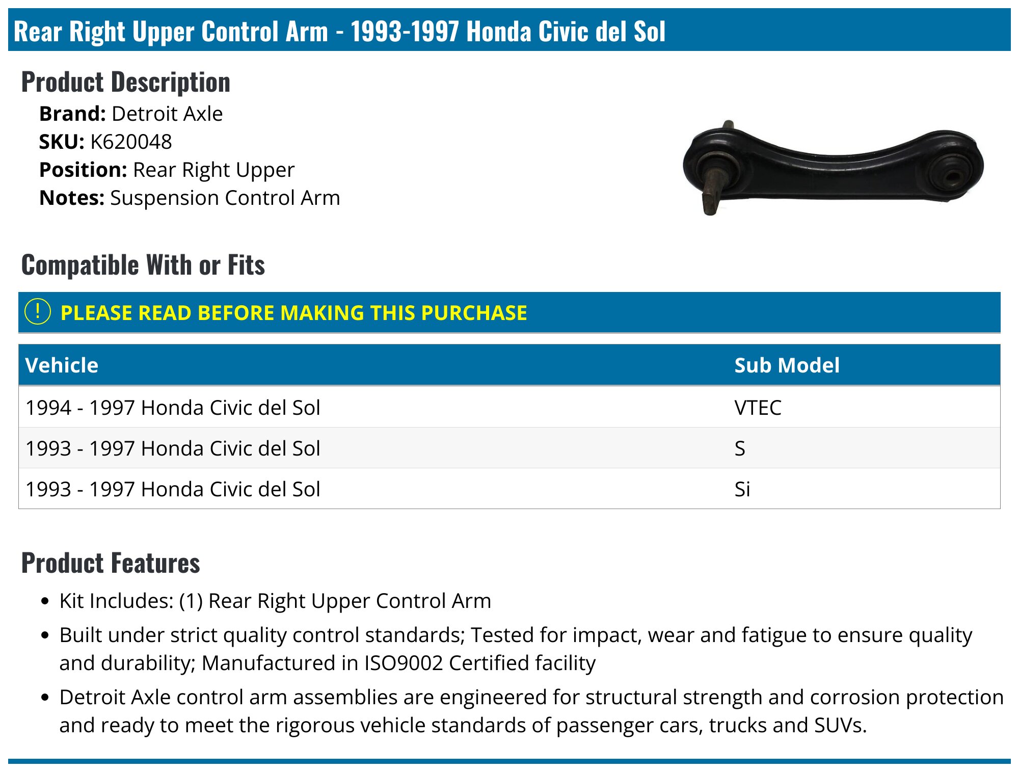 1993-1997 Honda Civic del Sol Control Arm - Detroit Axle K620048 - Rear ...
