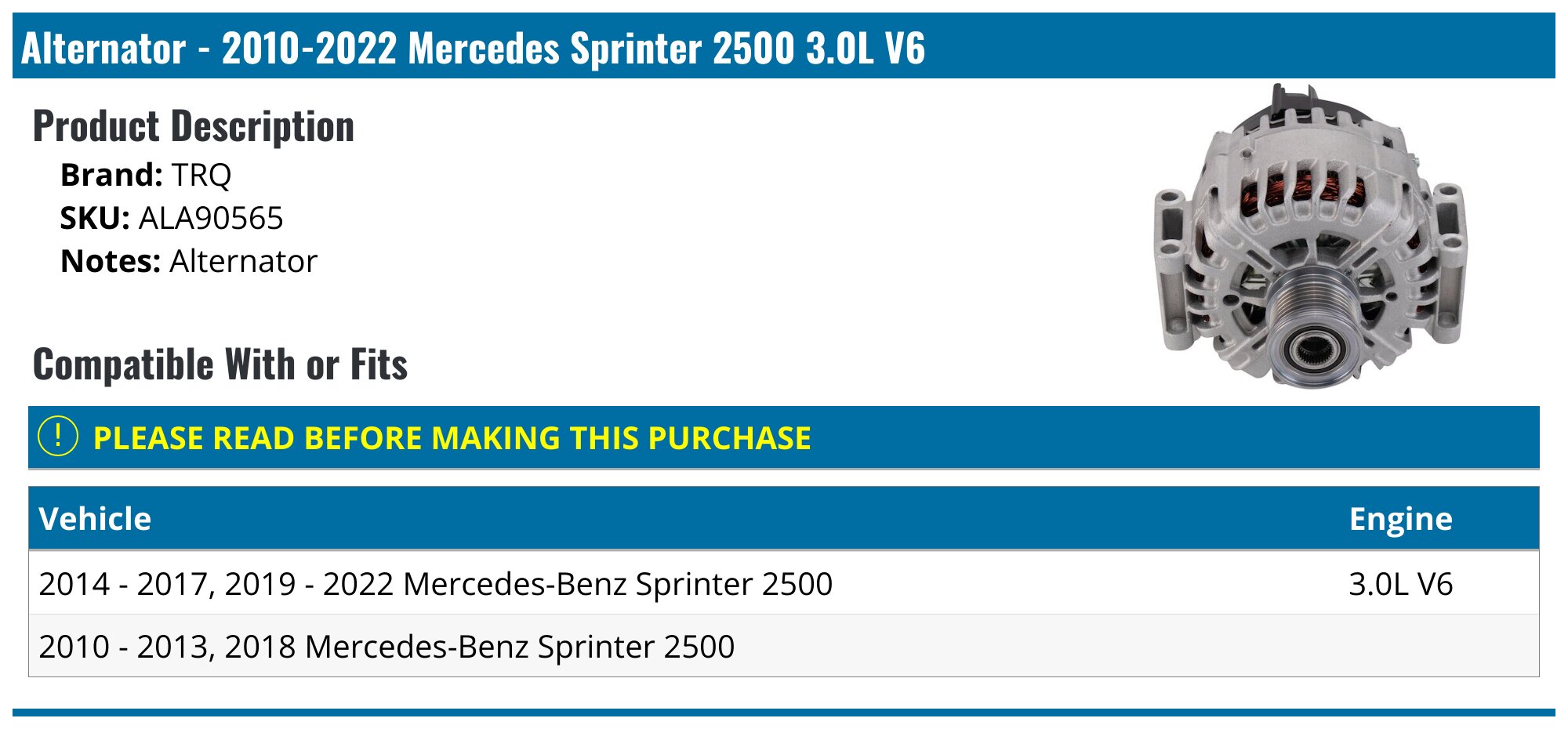 2010-2022 Mercedes Sprinter 2500 Alternator - TRQ ALA90565 - PartsGeek.com