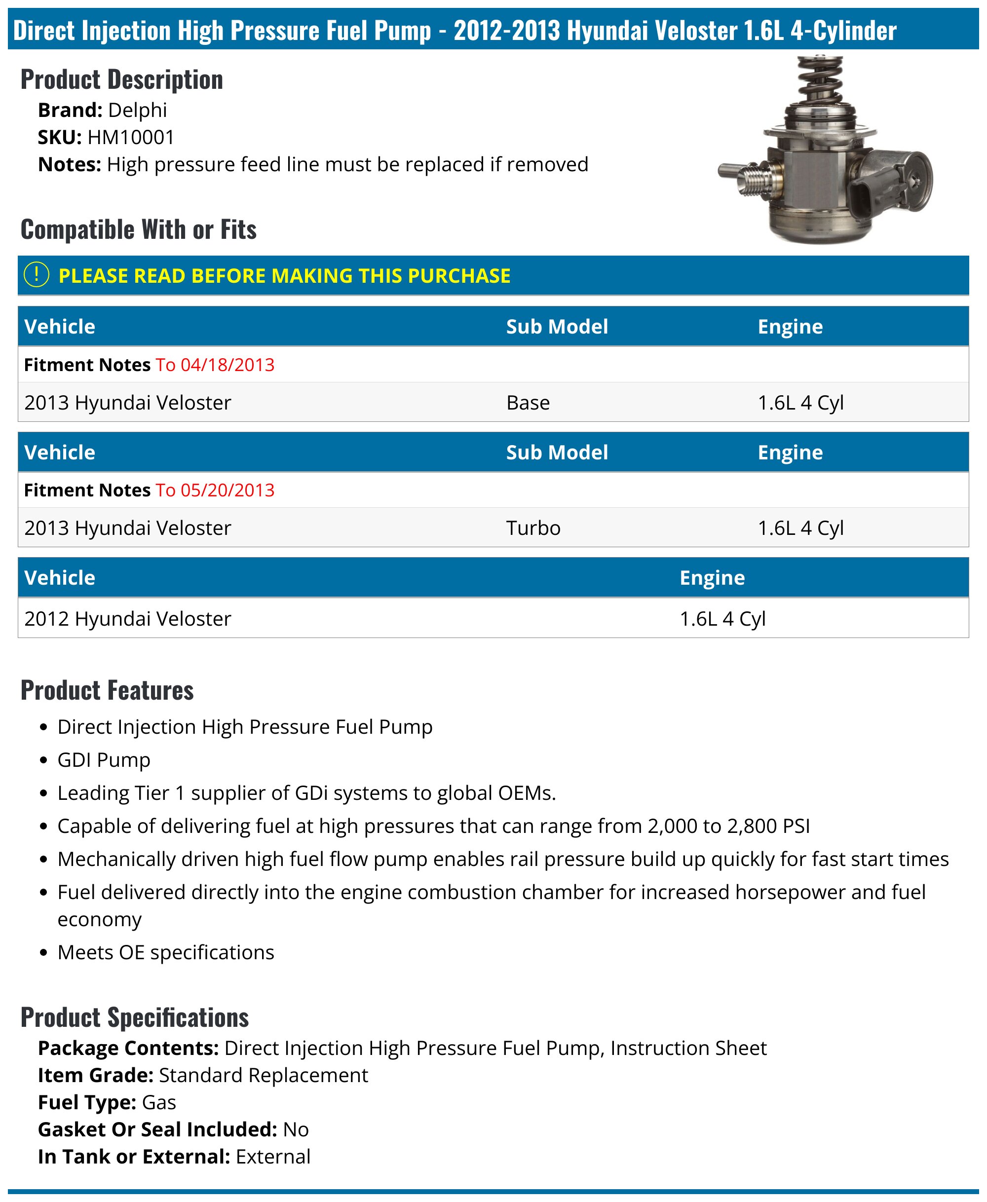 2012-2013 Hyundai Veloster Fuel Pump - Delphi HM10001 - PartsGeek.com