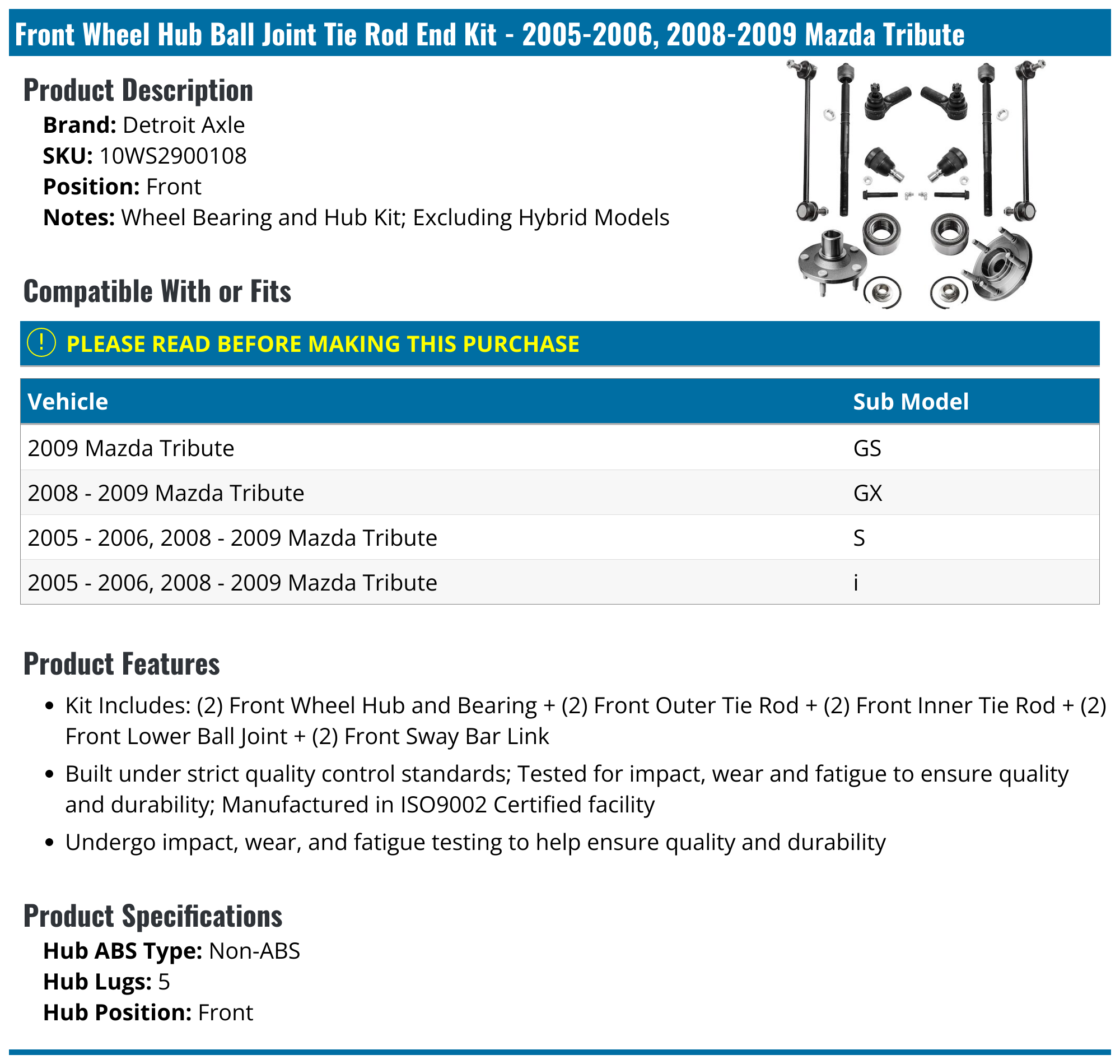 2005-2006, 2008-2009 Mazda Tribute Wheel Hub Assembly - Detroit Axle ...