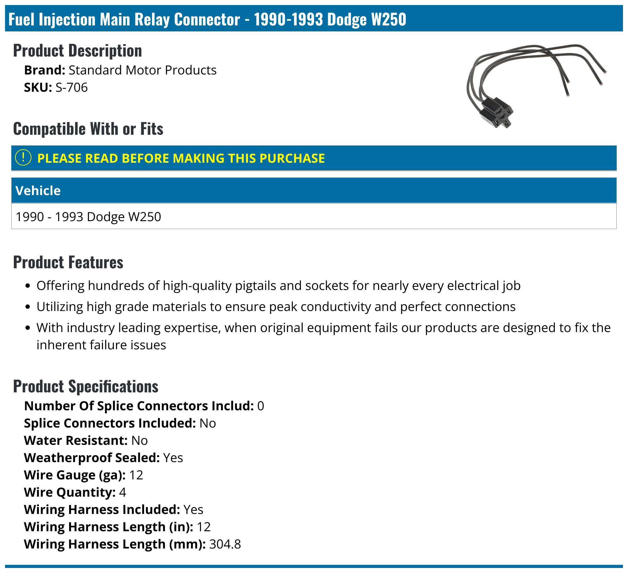 1990-1993 Dodge W250 Fuel Injection Main Relay Connector - Standard ...