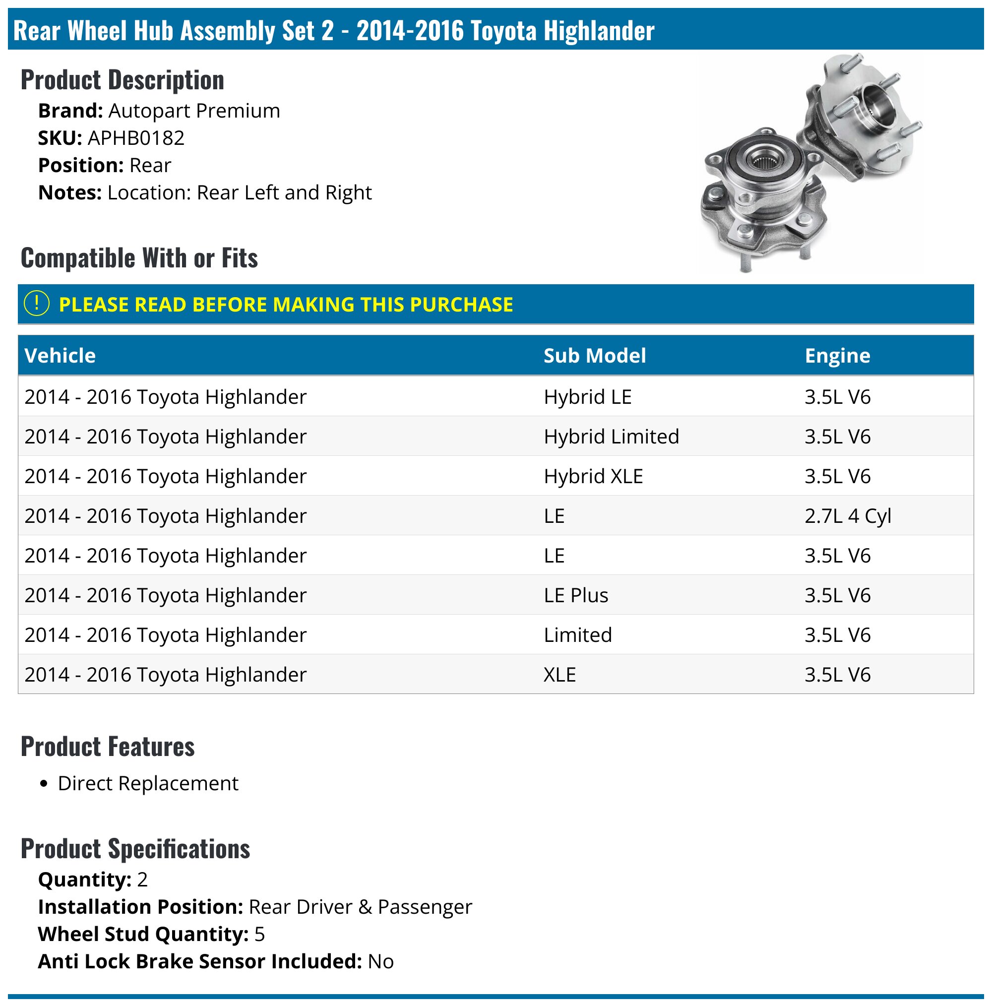 2014-2016 Toyota Highlander Wheel Hub Assembly - Autopart Premium ...