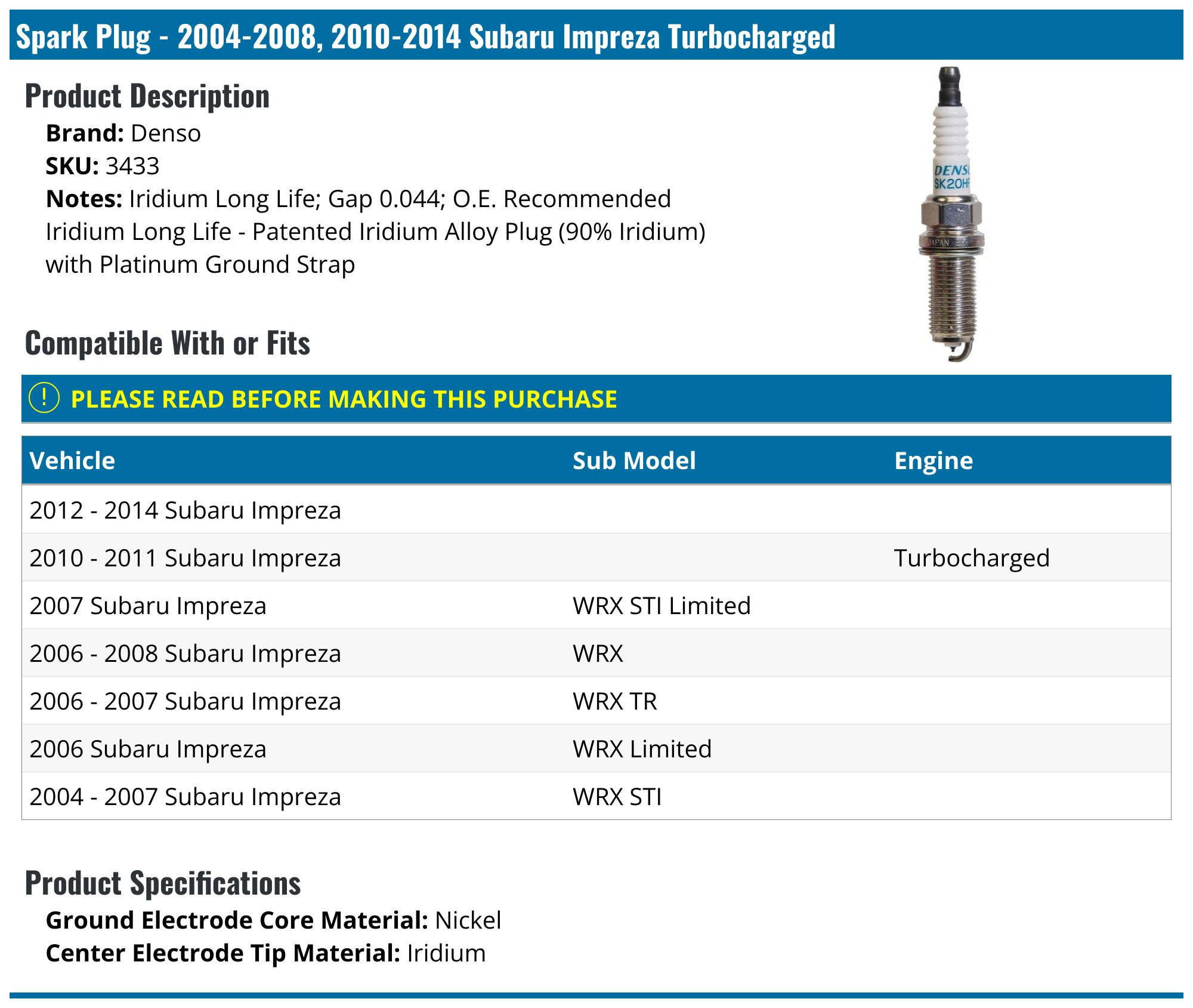 2004-2008, 2010-2014 Subaru Impreza Spark Plug - Denso 3433 - PartsGeek.com