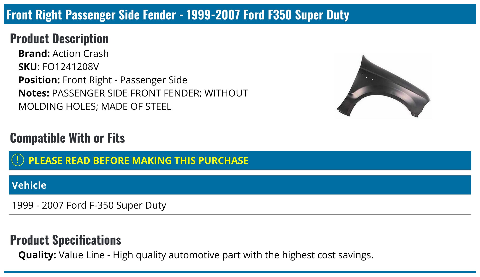 1999-2007 Ford F350 Super Duty Fender - Action Crash FO1241208V - Front ...