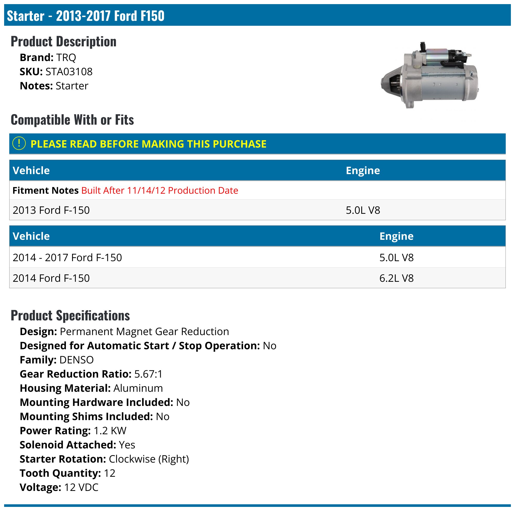 Ford F150 Starter - Starters - Autopart Premium AC Delco Motorcraft TYC ...