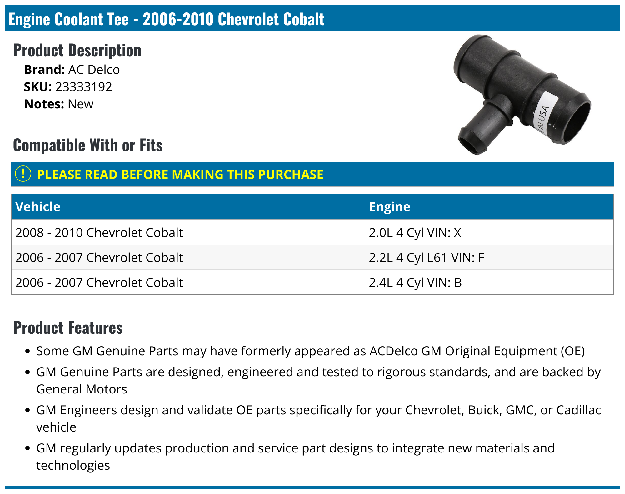 2006-2010 Chevrolet Cobalt Engine Coolant Tee - AC Delco 23333192 ...