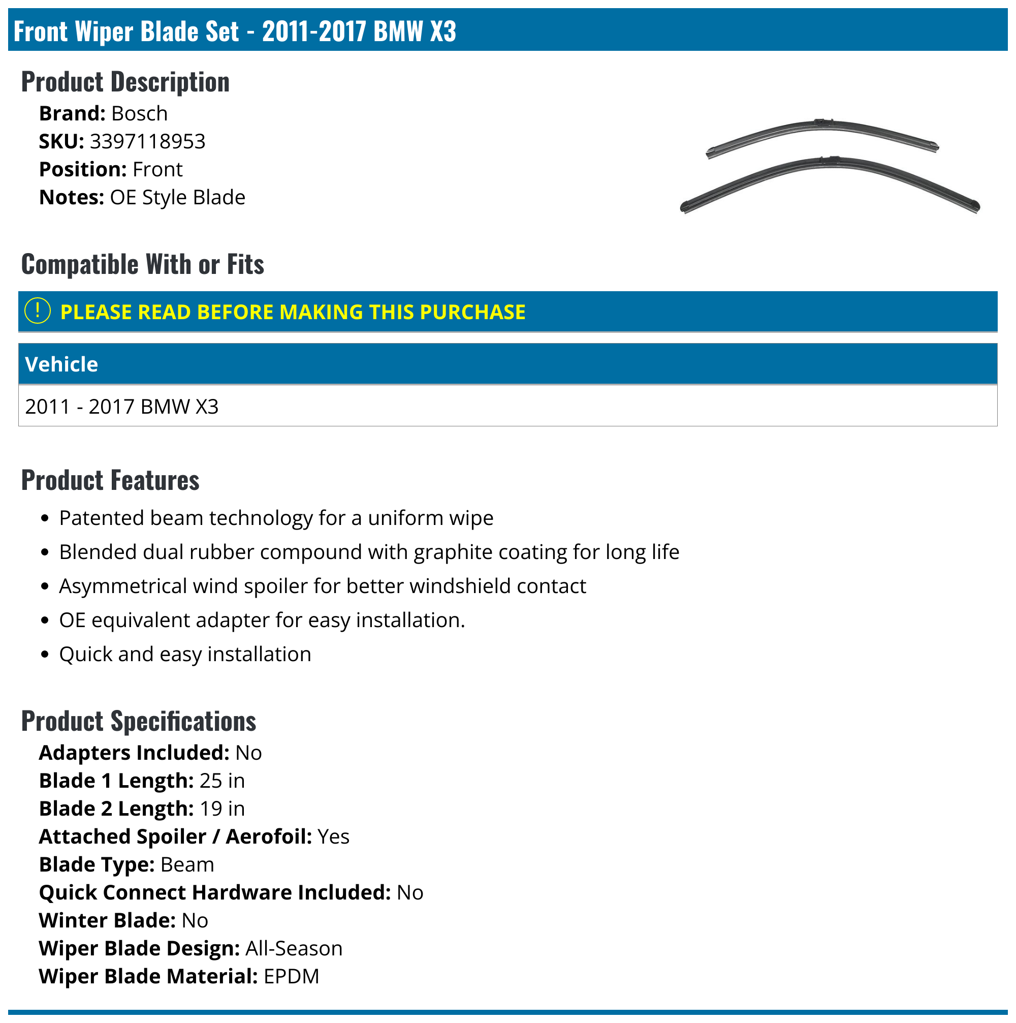 2011-2017 BMW X3 Wiper Blade - Bosch 3397118953 - Front - PartsGeek.com