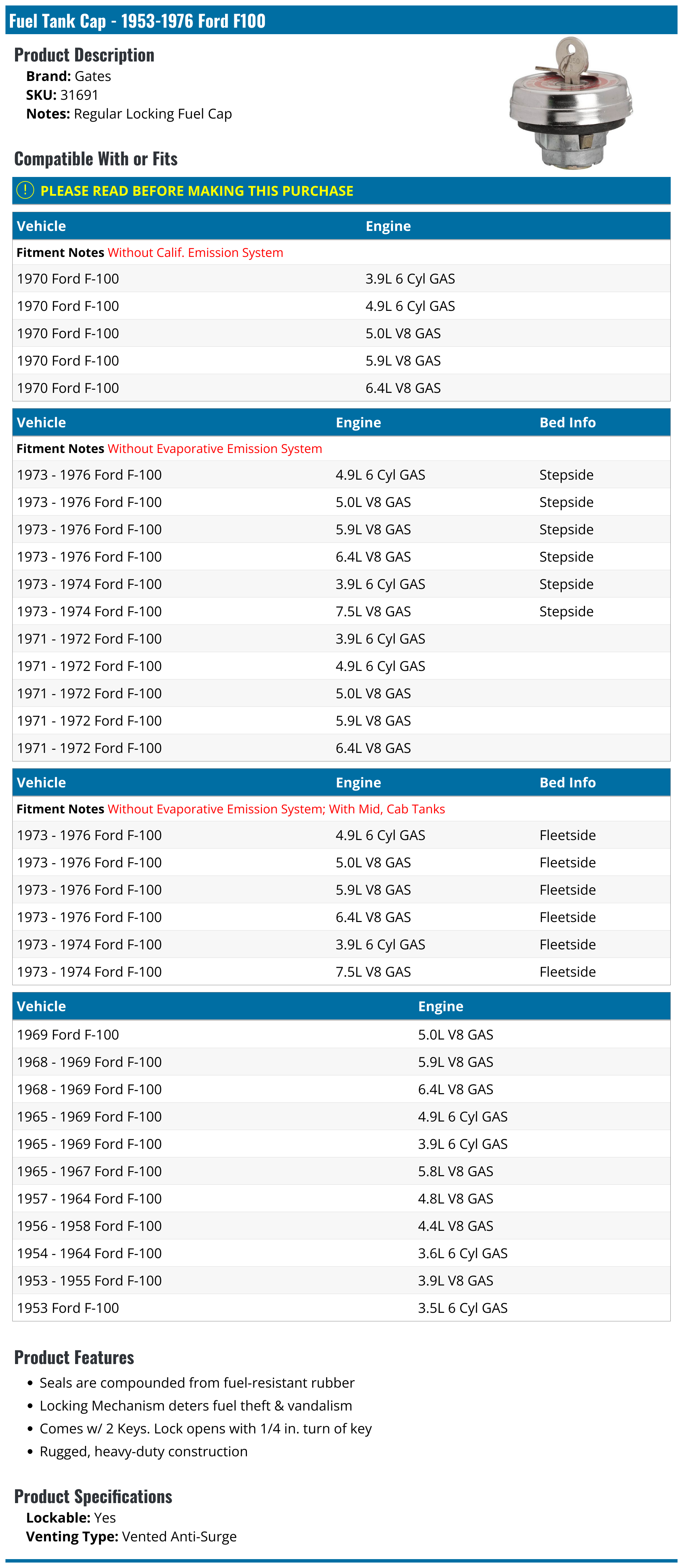 1953-1976 Ford F100 Fuel Tank Cap - Gates 31691 - PartsGeek.com
