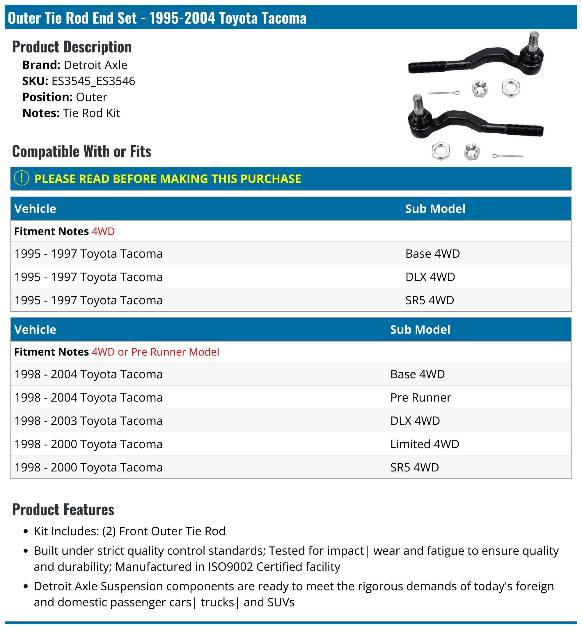 1995-2004 Toyota Tacoma Tie Rod End - Detroit Axle ES3545_ES3546 ...