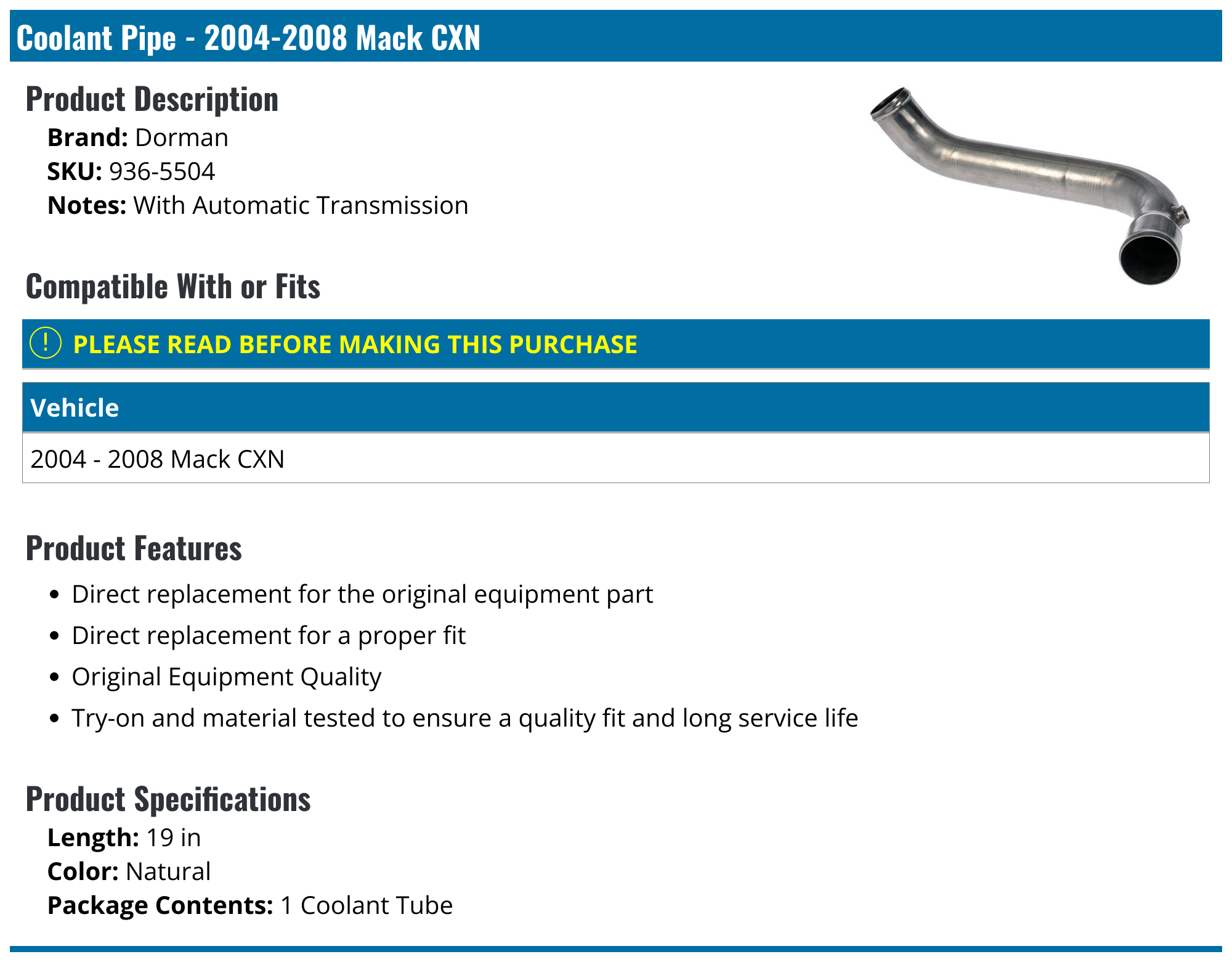 2004-2008 Mack CXN Coolant Pipe - Dorman 936-5504 - PartsGeek.com