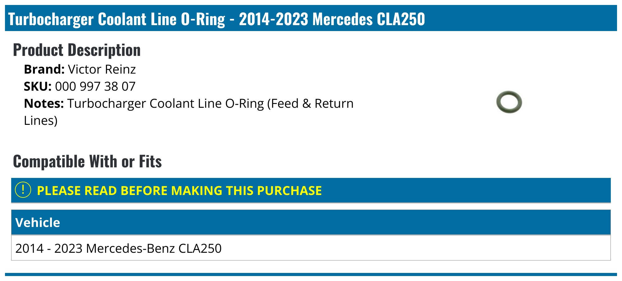 2014-2023 Mercedes CLA250 Turbocharger Coolant Line O-Ring - Victor ...