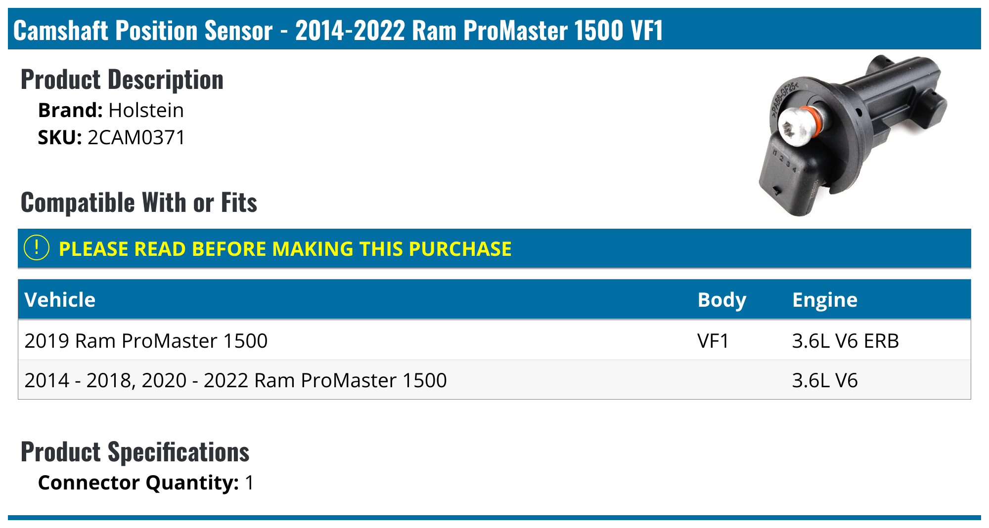 2014-2024 Ram ProMaster 1500 Camshaft Position Sensor - Holstein ...