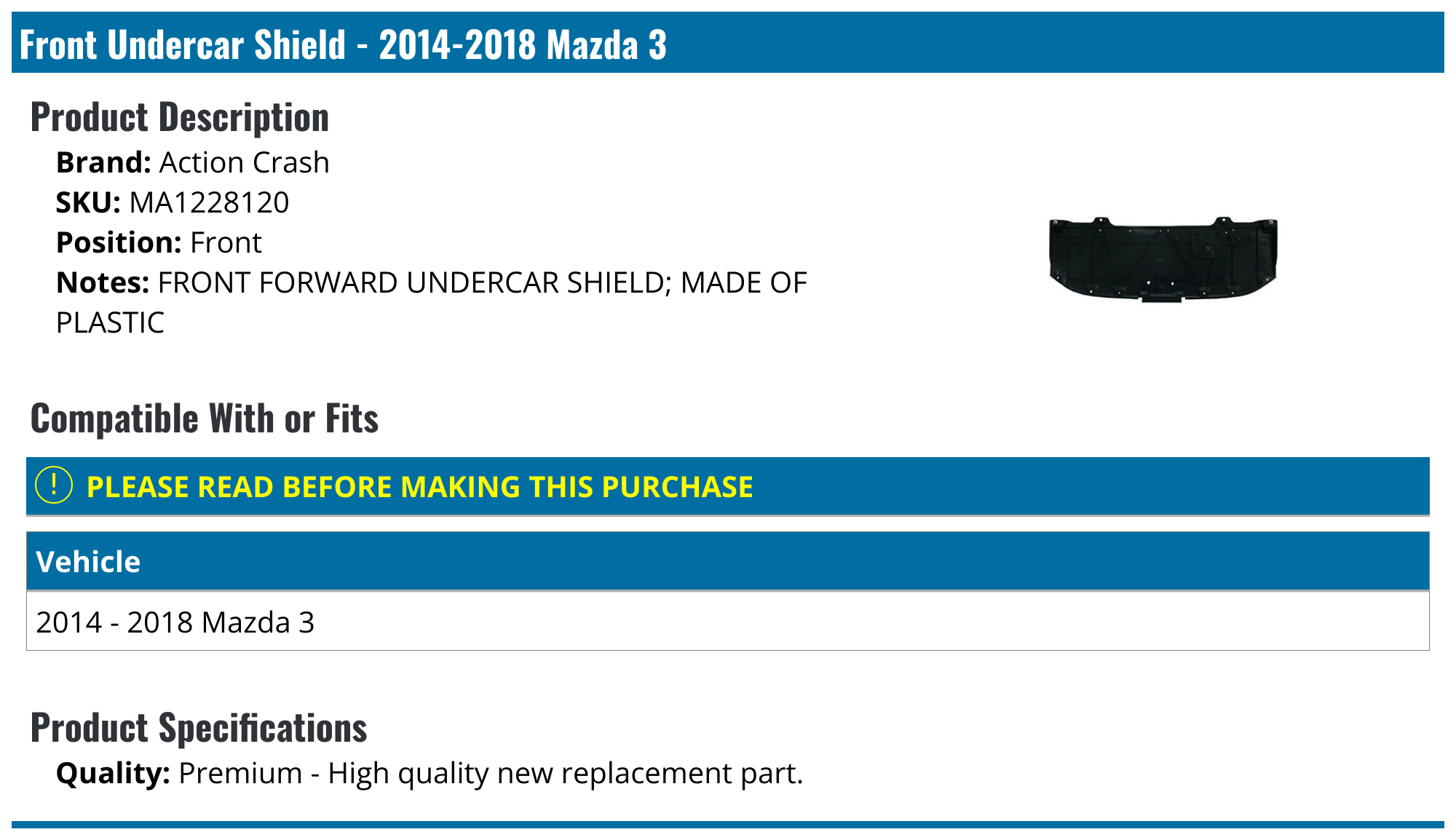 2014-2018 Mazda 3 Lower Engine Cover - Action Crash MA1228120 - Front ...