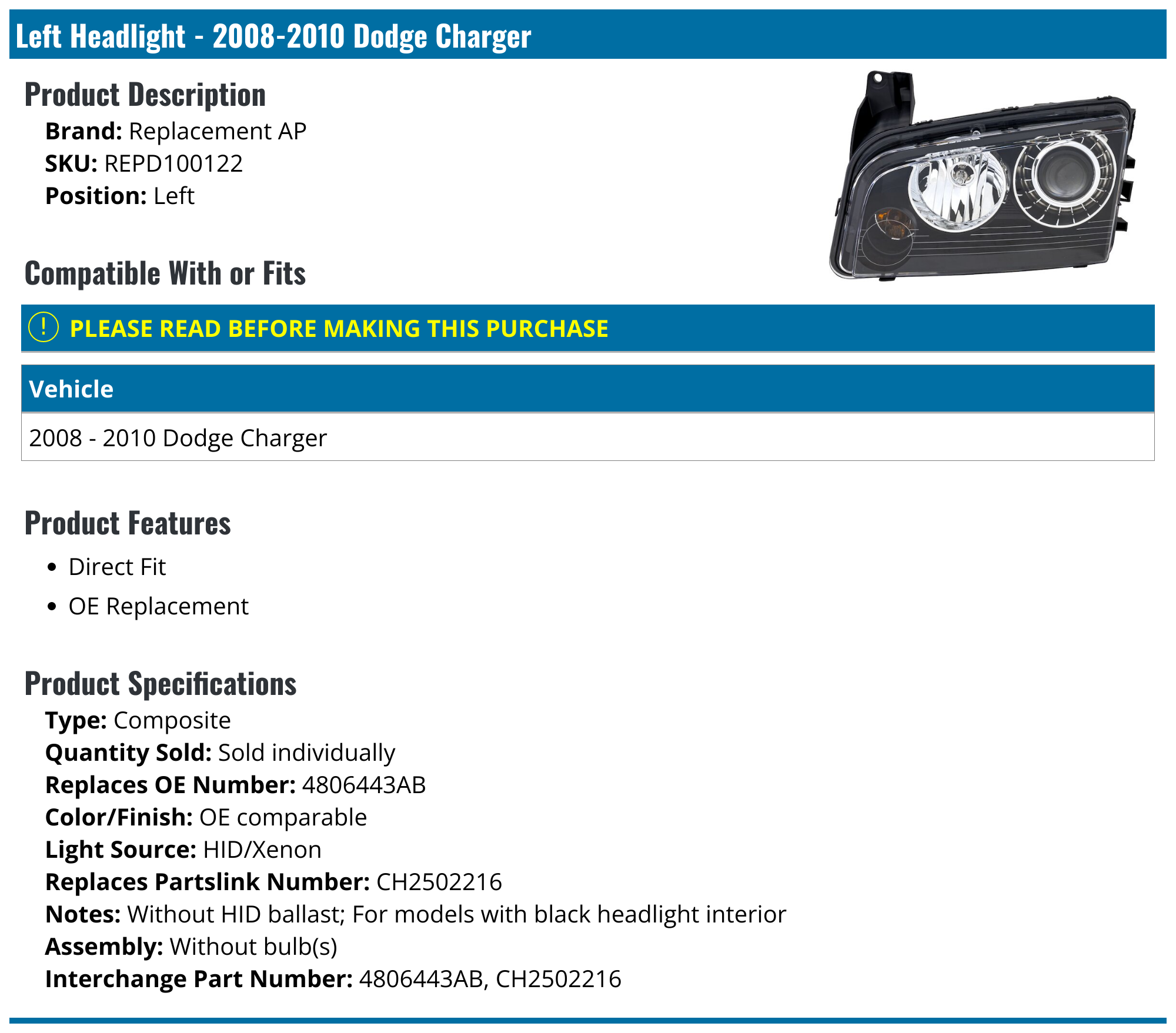 2008-2010 Dodge Charger Headlight Assembly - Replacement AP REPD100122 ...