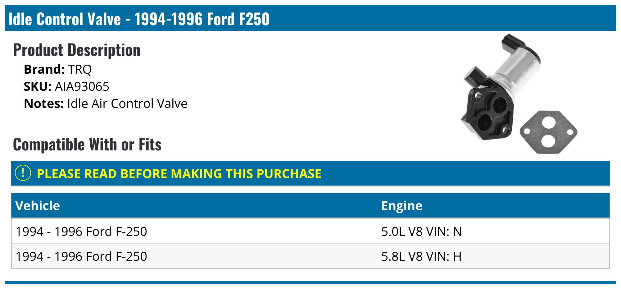 1994-1996 Ford F250 Idle Control Valve - TRQ AIA93065 - PartsGeek.com