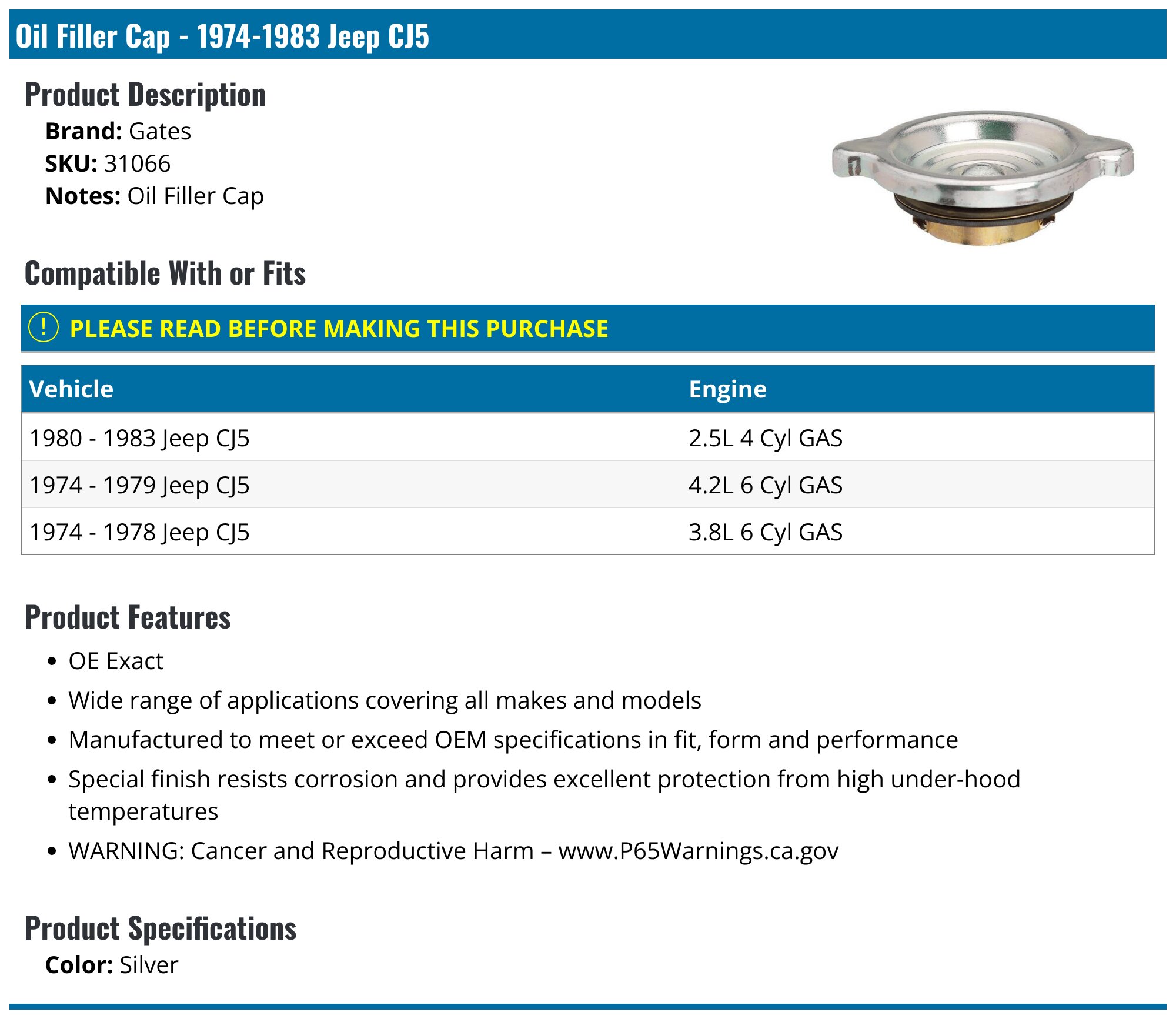 1974-1983 Jeep CJ5 Oil Filler Cap - Gates 31066 - PartsGeek.com