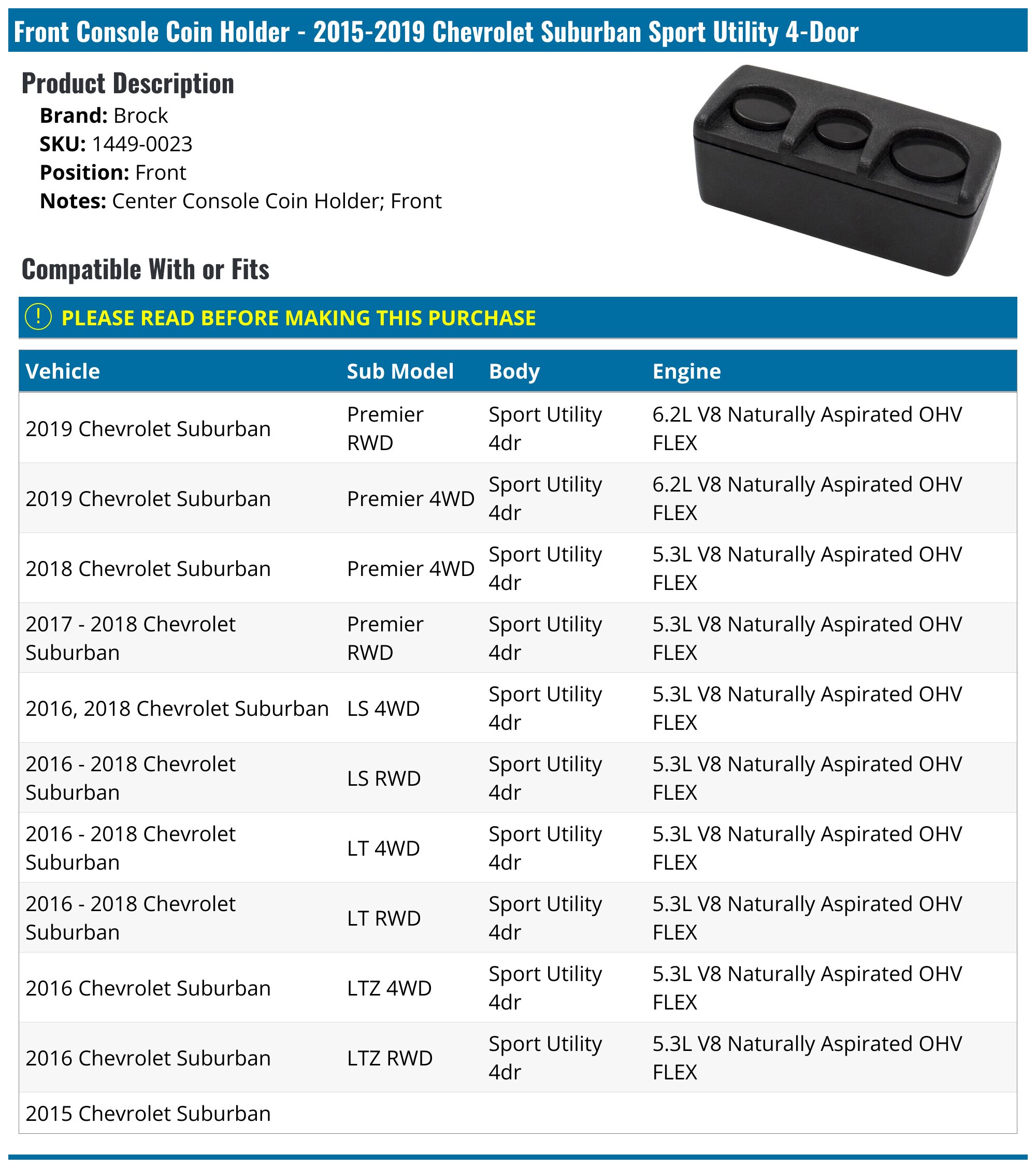 2015-2019 Chevrolet Suburban Console Coin Holder - Brock 1449-0023 ...