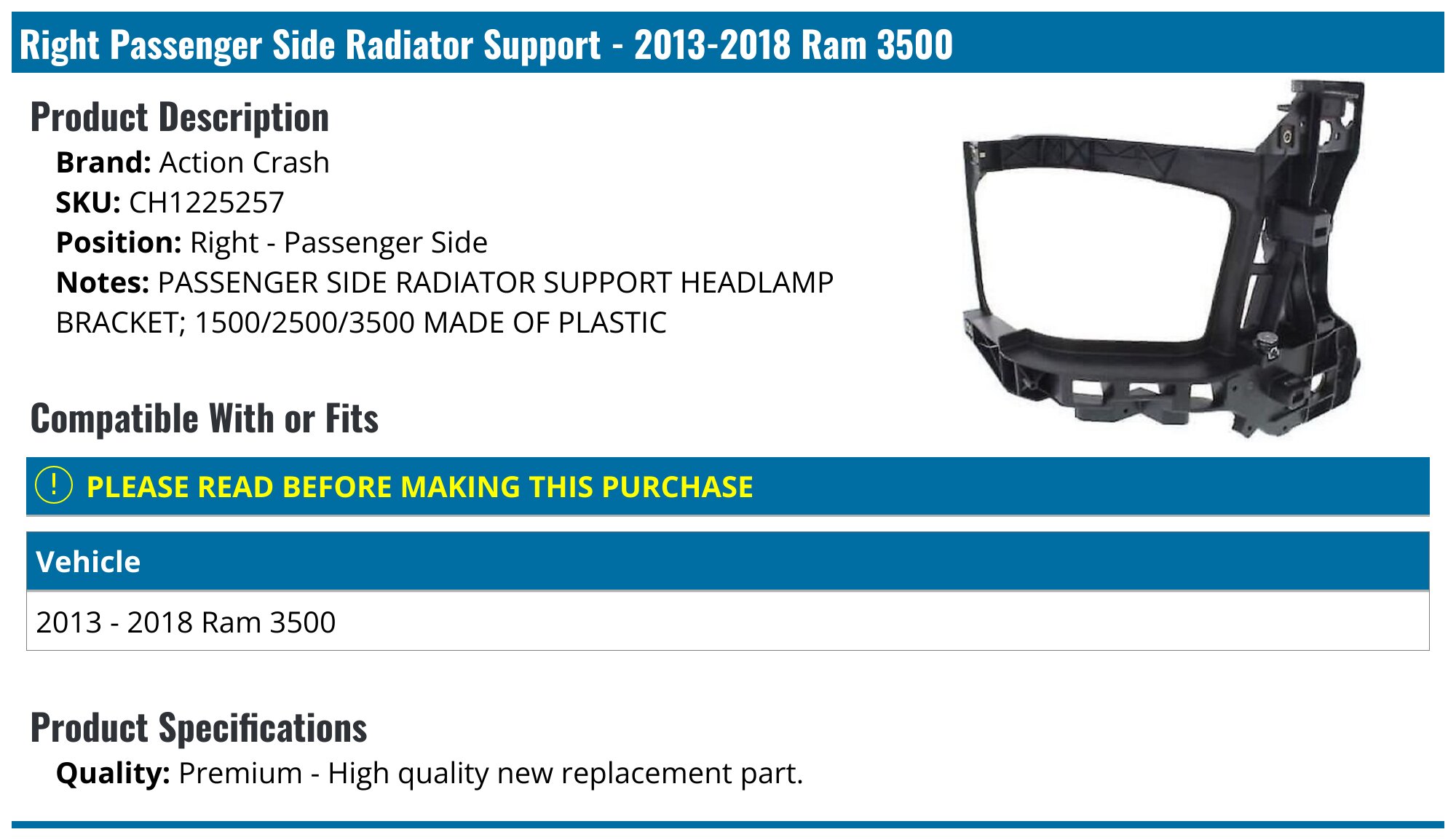 2013-2018 Ram 3500 Radiator Support - Action Crash CH1225257 - Right ...