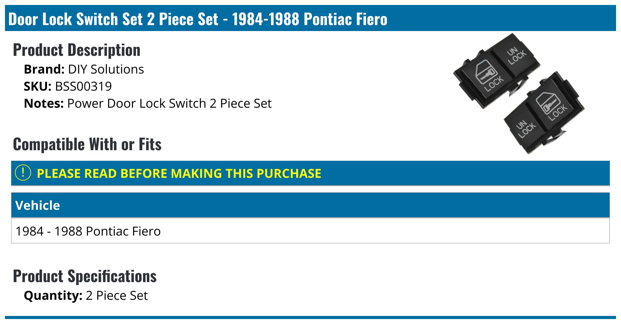 1984-1988 Pontiac Fiero Door Lock Switch Set - DIY Solutions BSS00319 ...