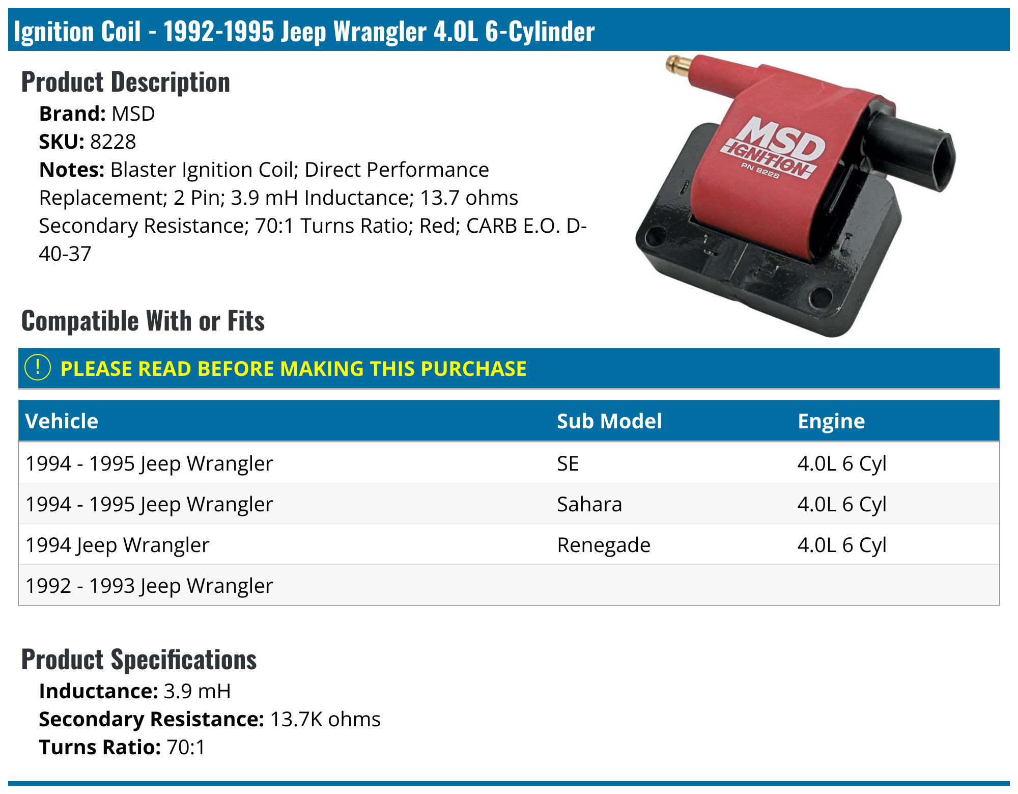 1992-1995 Jeep Wrangler Ignition Coil - MSD 8228 - - PartsGeek.com