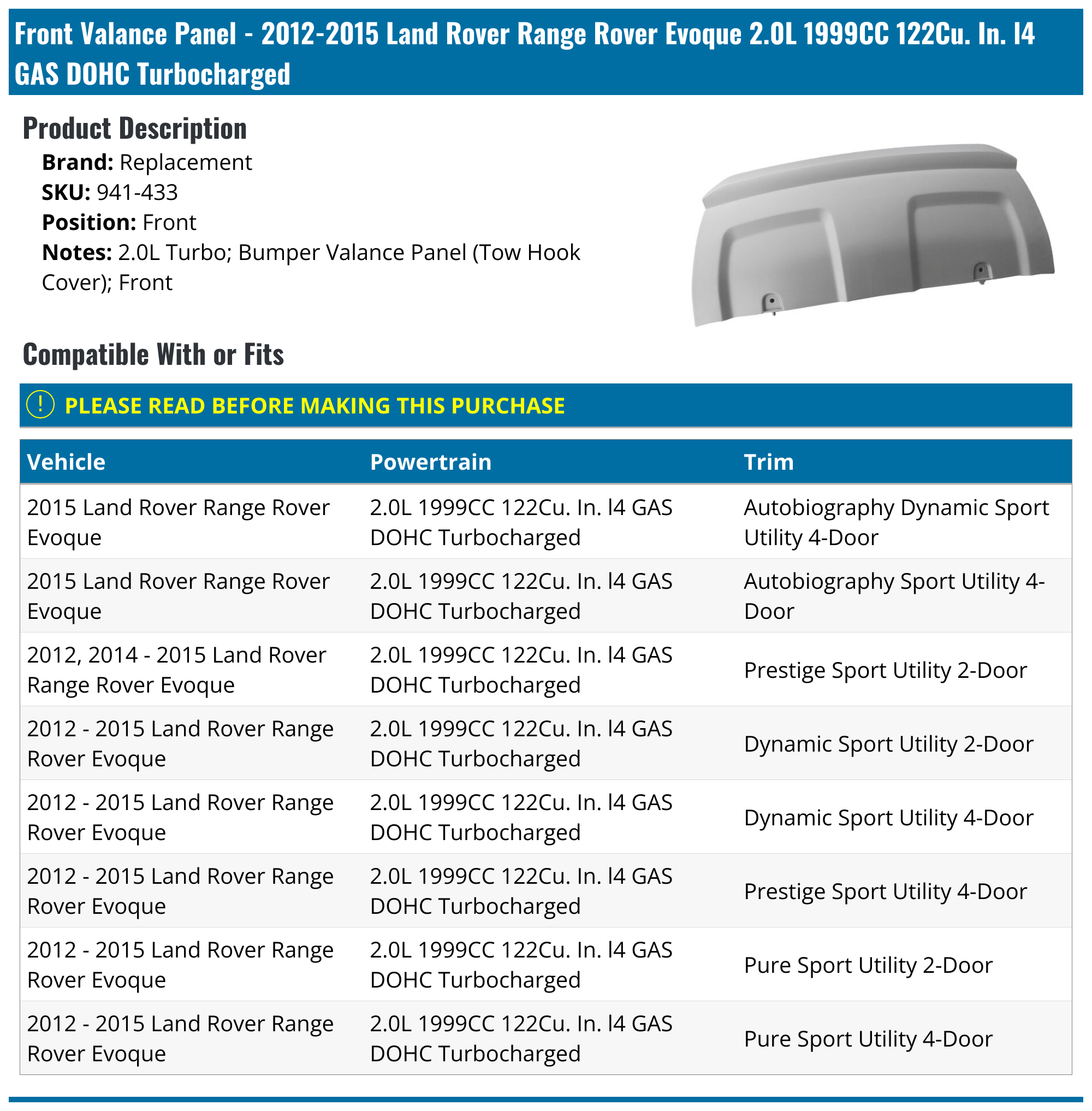 2012-2015 Land Rover Range Rover Evoque Valance Panel - Replacement 941 ...