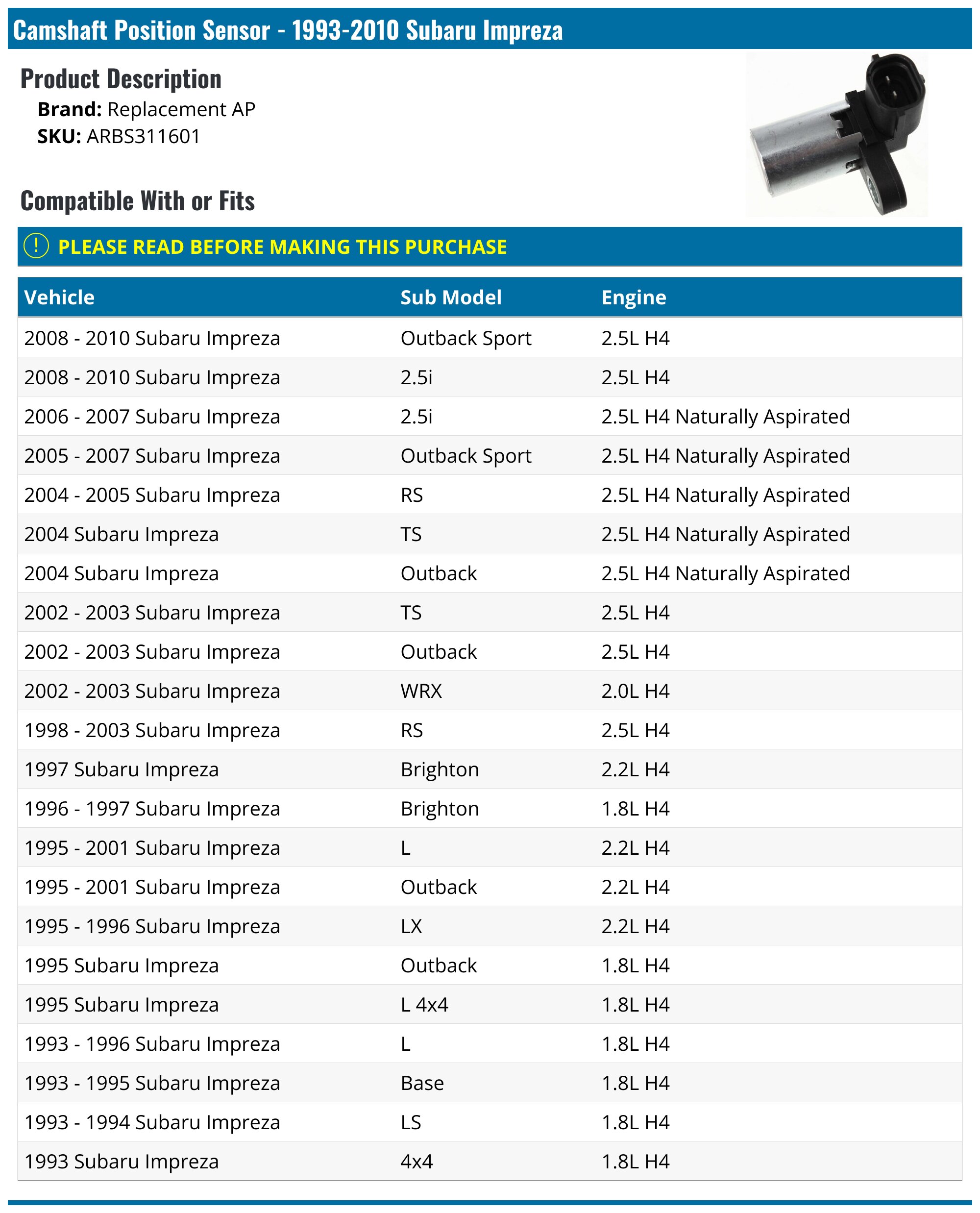 1993-2010 Subaru Impreza Camshaft Position Sensor - Replacement AP ...