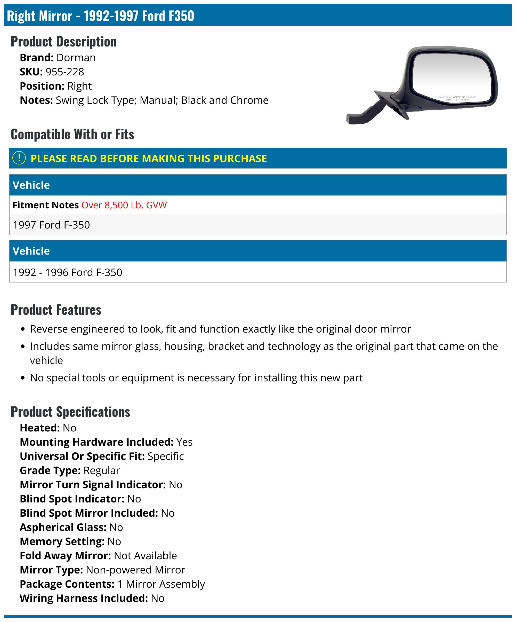 1992-1997 Ford F350 Mirror - Dorman 955-228 - Right - PartsGeek.com