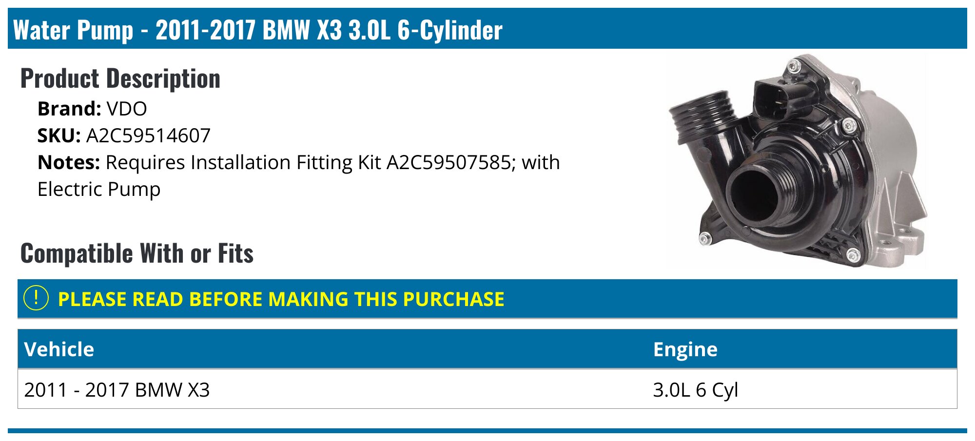 2011-2017 BMW X3 Water Pump - VDO A2C59514607 - - PartsGeek.com